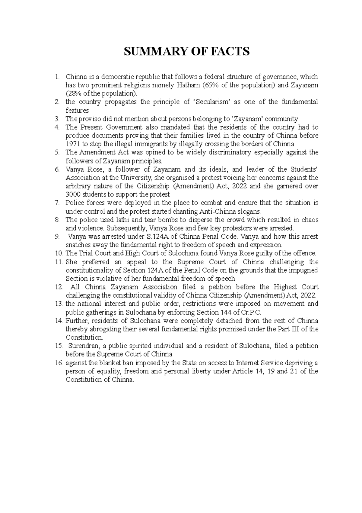 Summary of Facts - SUMMARY OF FACTS 1. Chinna is a democratic republic ...