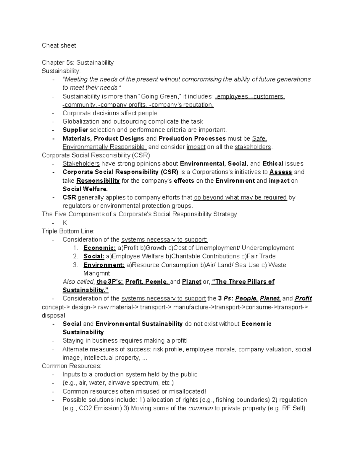 chapter 5s notes - Cheat sheet Chapter 5s: Sustainability ...