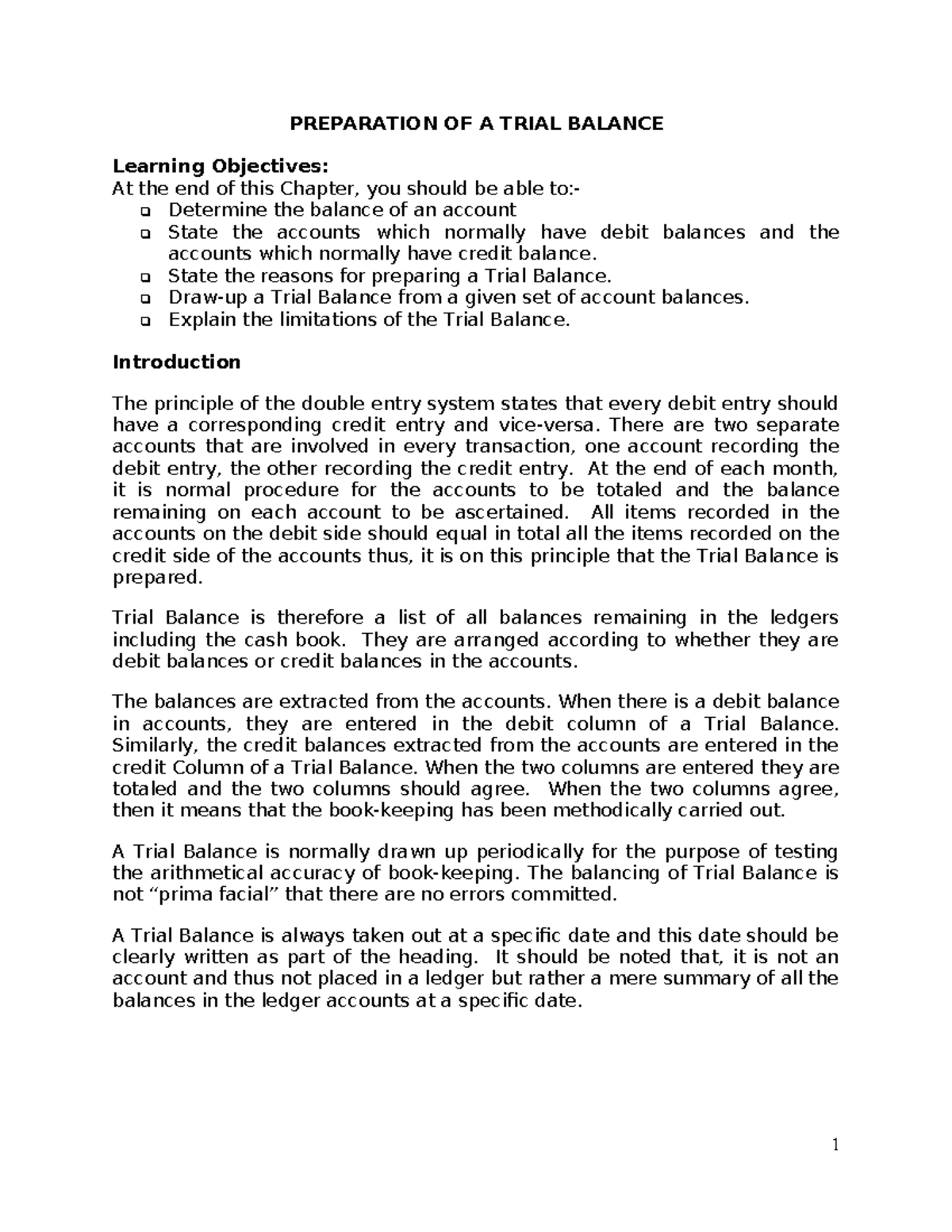 5 Trial Balance - Notes - PREPARATION OF A TRIAL BALANCE Learning ...