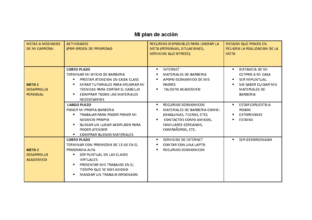 Mi plan de acción - Mi plan de acción METAS A MEDIADOS DE MI CARRERA ...