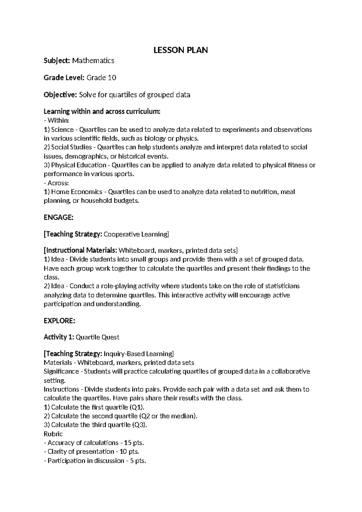 Lesson plan - quartiles for grouped data - LESSON PLAN Subject ...