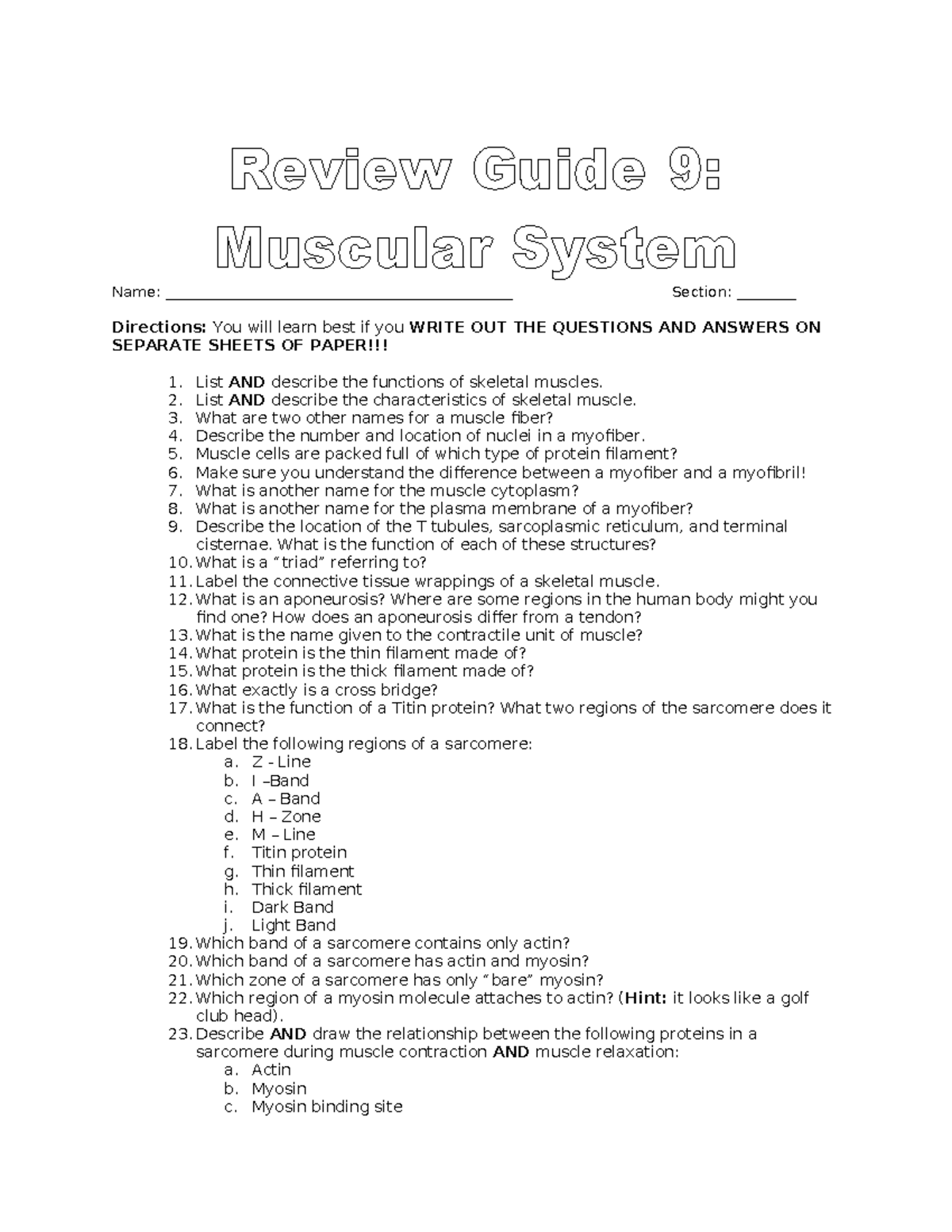 9 Muscular System Review Guide 2021 - Name