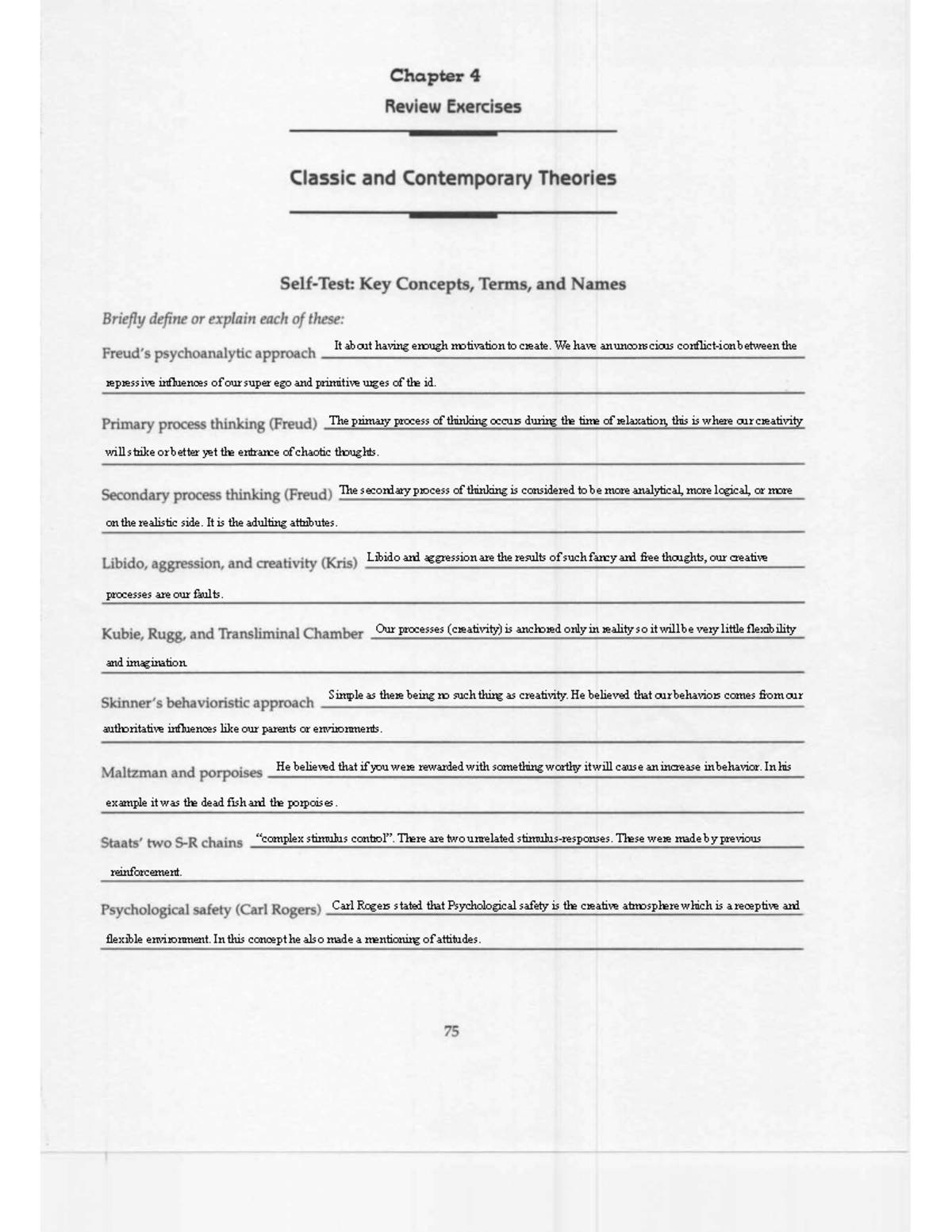 Review Exercises - Ch. 4-1 - Chapter 4 Review Exercises Classic and Contemporary Theories Self ...