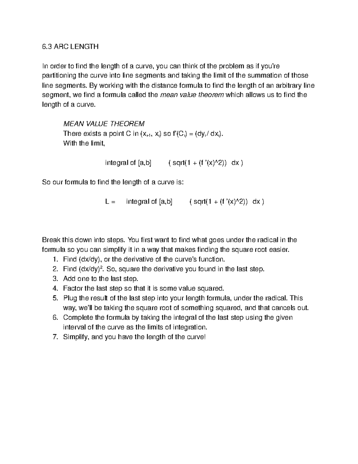 6 3 Arc Length And 6 5 Work 6 ARC LENGTH In Order To Find The Length