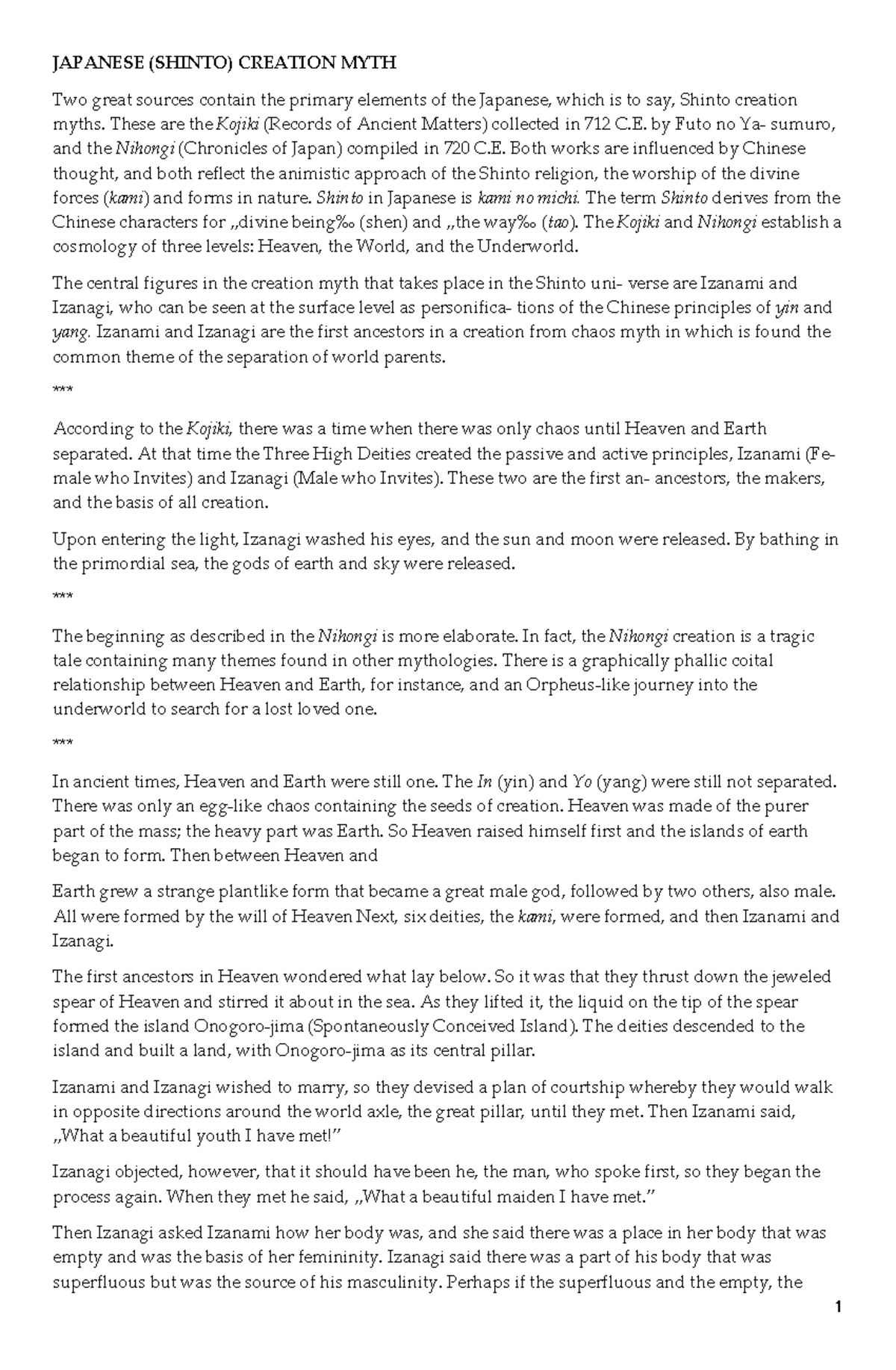 Myths and Folklore notes - JAPANESE (SHINTO) CREATION MYTH Two great ...