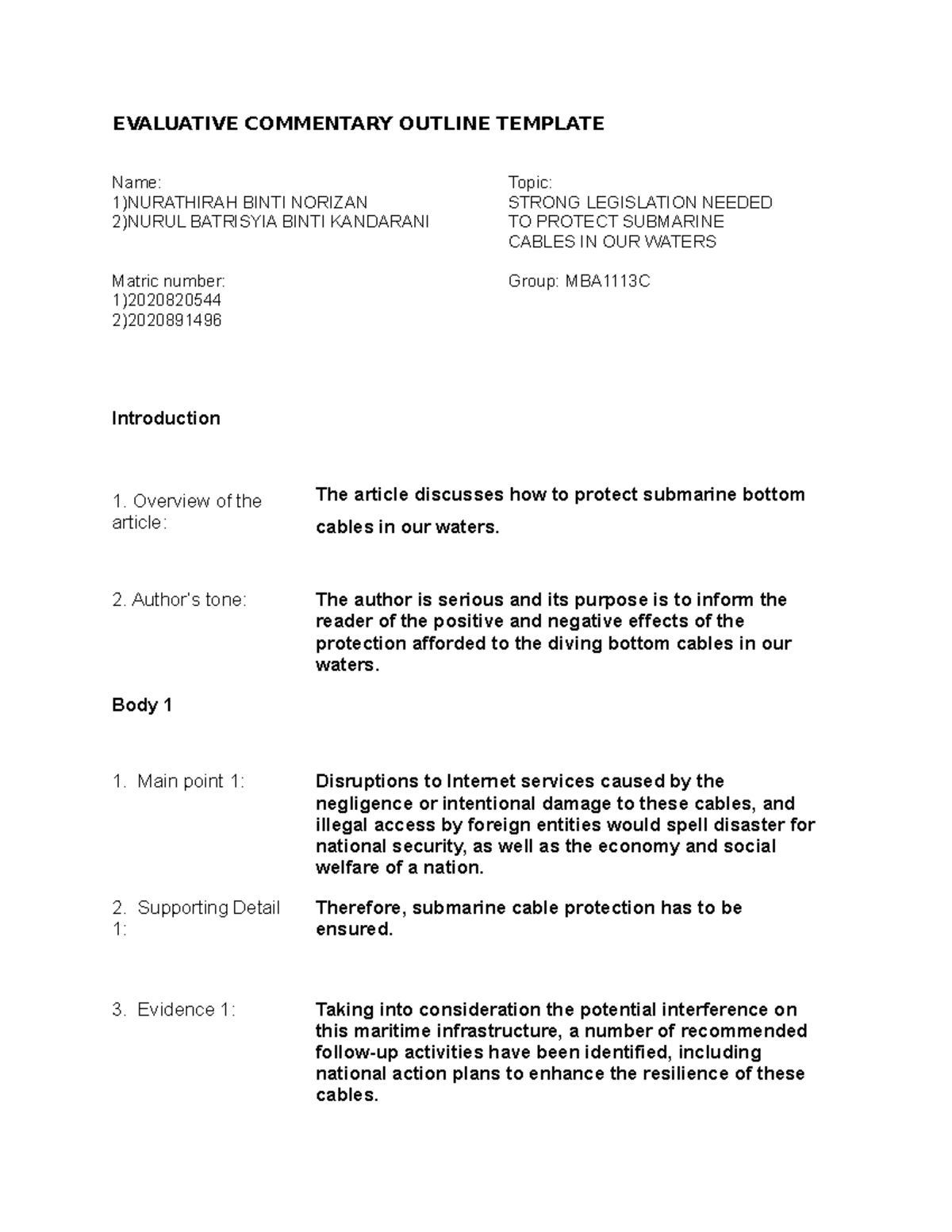 Evaluative Commentary outline - EVALUATIVE COMMENTARY OUTLINE TEMPLATE ...
