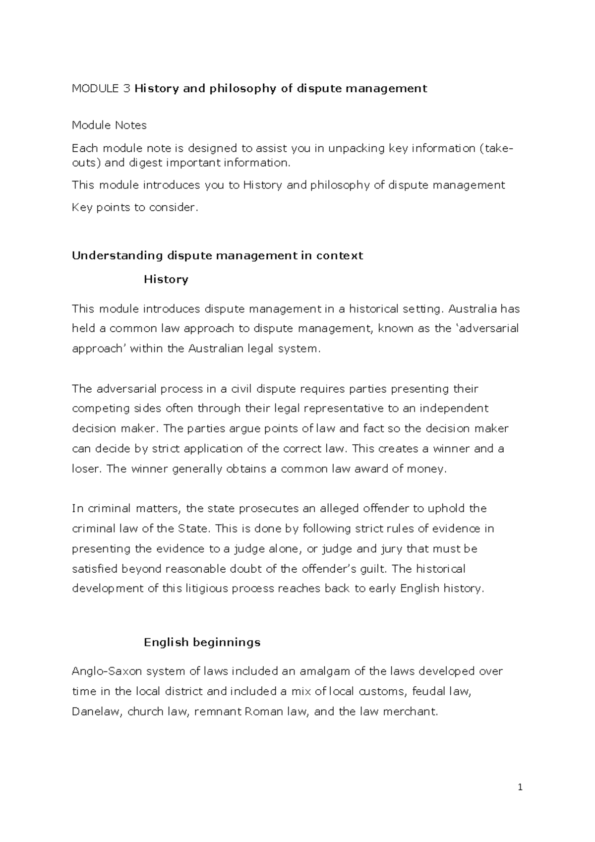 Module 3 notes - MODULE 3 History and philosophy of dispute management ...