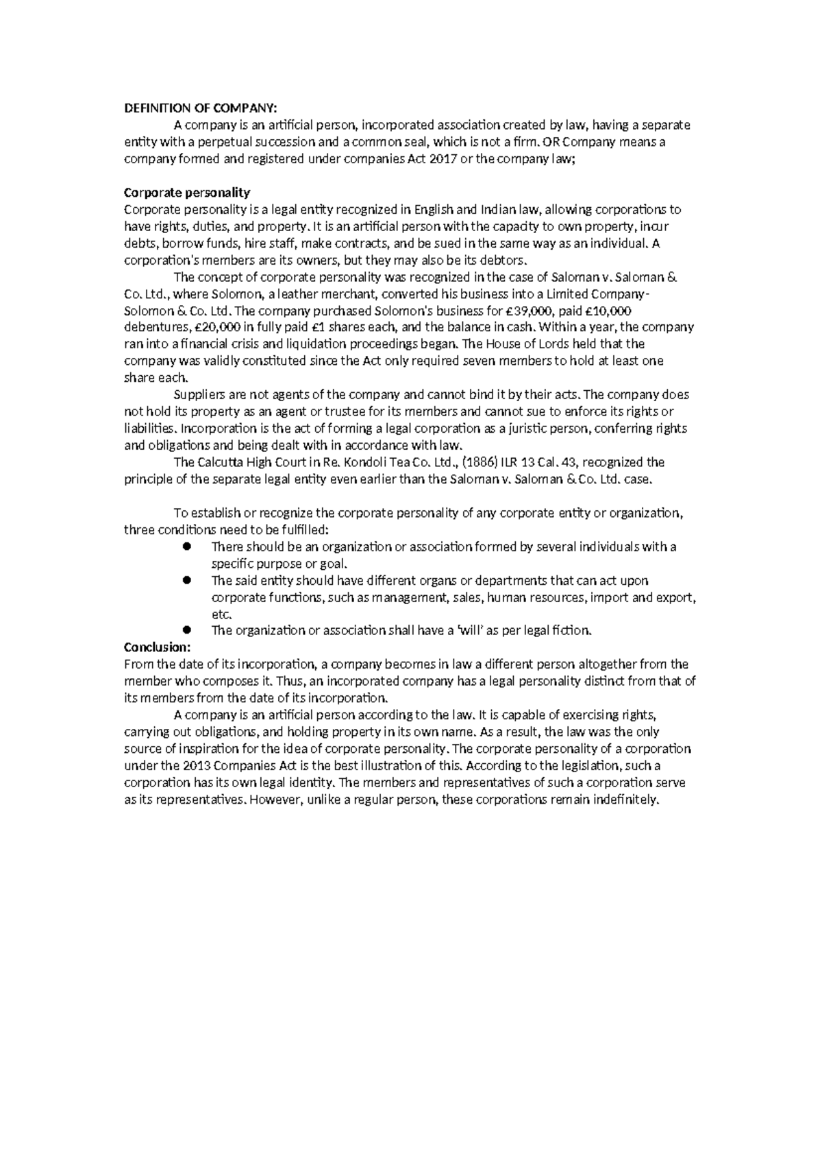 Corporate personality - DEFINITION OF COMPANY: A company is an ...