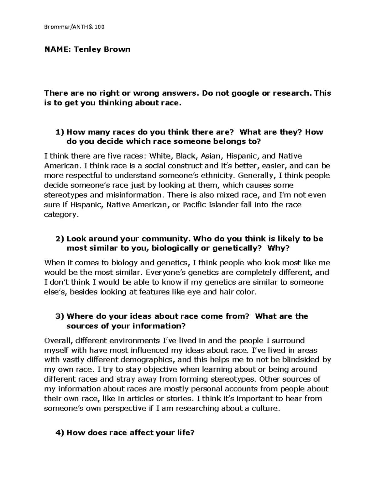 Race Questionnaire - extra credit assignment - Brommer/ANTH& 100 NAME ...