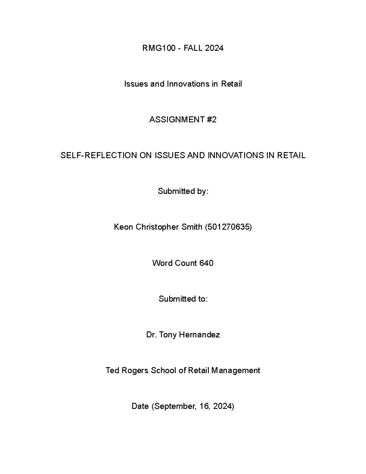 Self Reflection on issues and innovations in retail - RMG100 - FALL ...