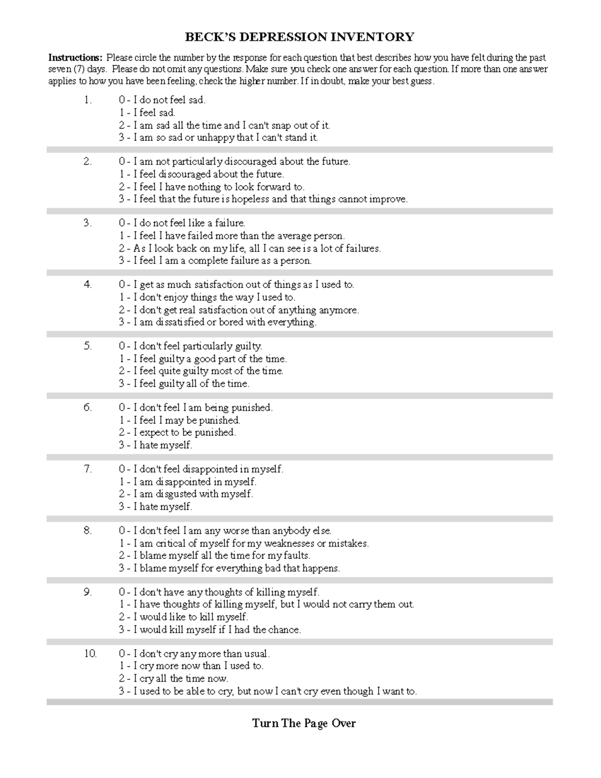 BDI New Beck Anxiety Scale - BECK’S DEPRESSION INVENTORY Instructions ...