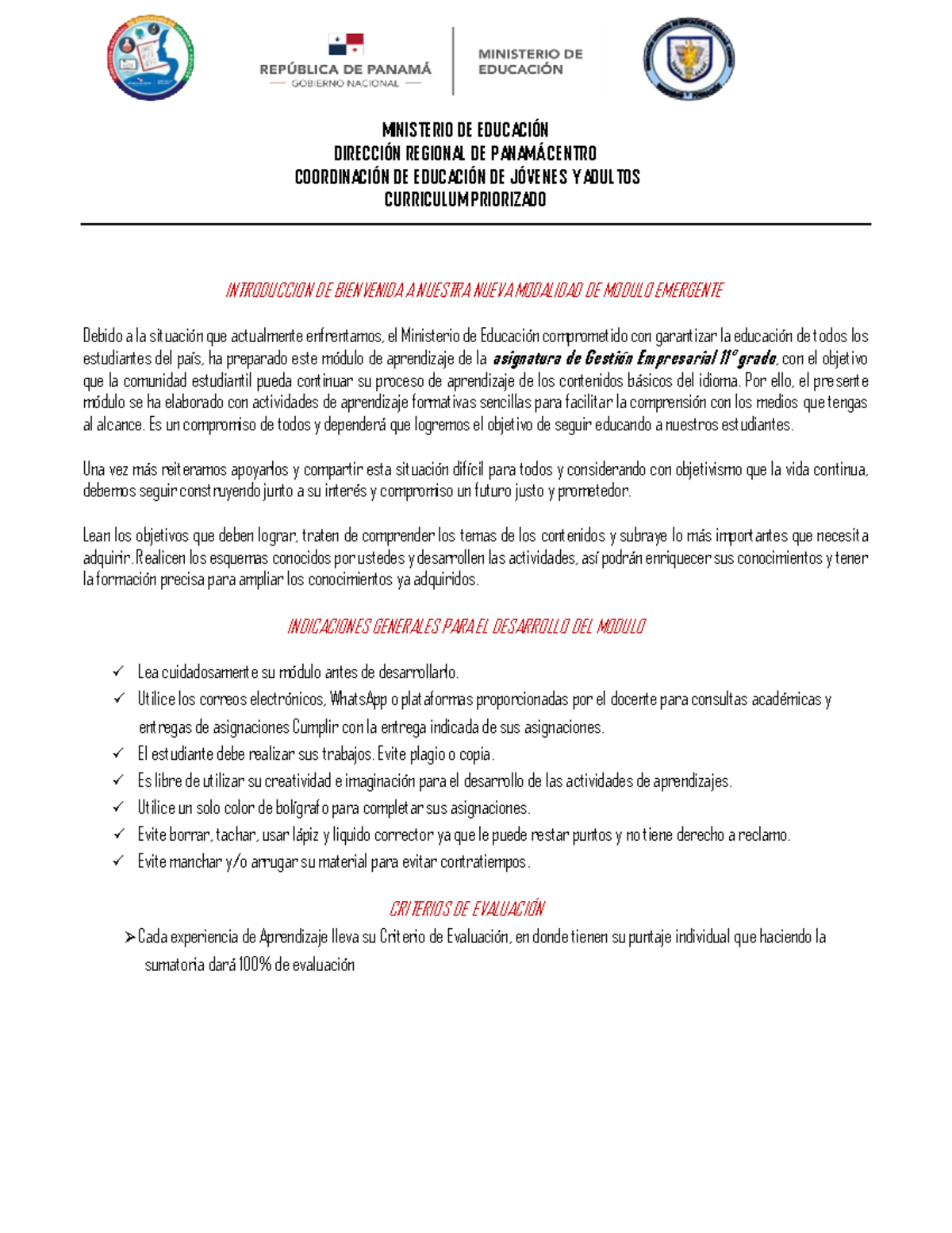 Módulo 11º Gestiòn Empresarial - MINISTERIO DE EDUCACI”N DIRECCI”N REGIONAL DE PANAM¡ CENTRO ...