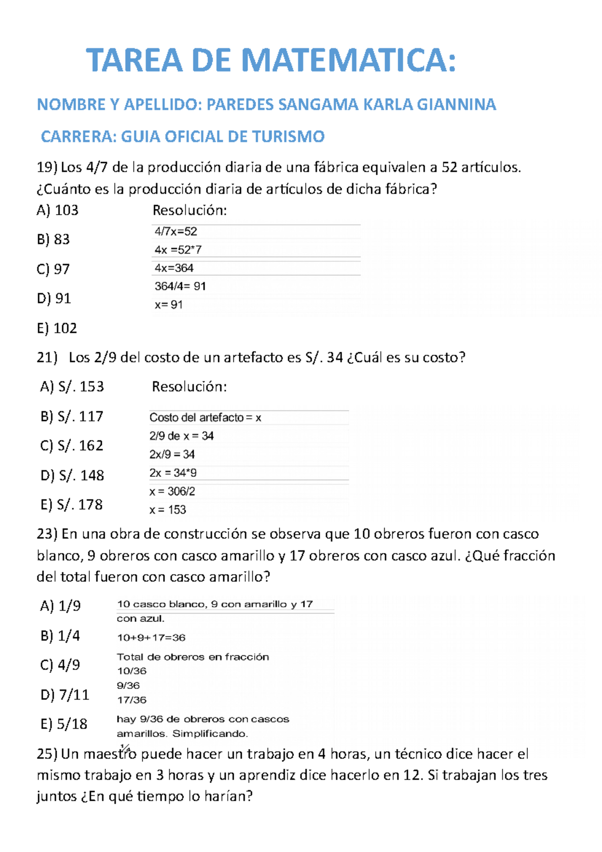 Tarea DE Matemática - TAREA DE MATEMATICA: NOMBRE Y APELLIDO: PAREDES SANGAMA KARLA GIANNINA ...