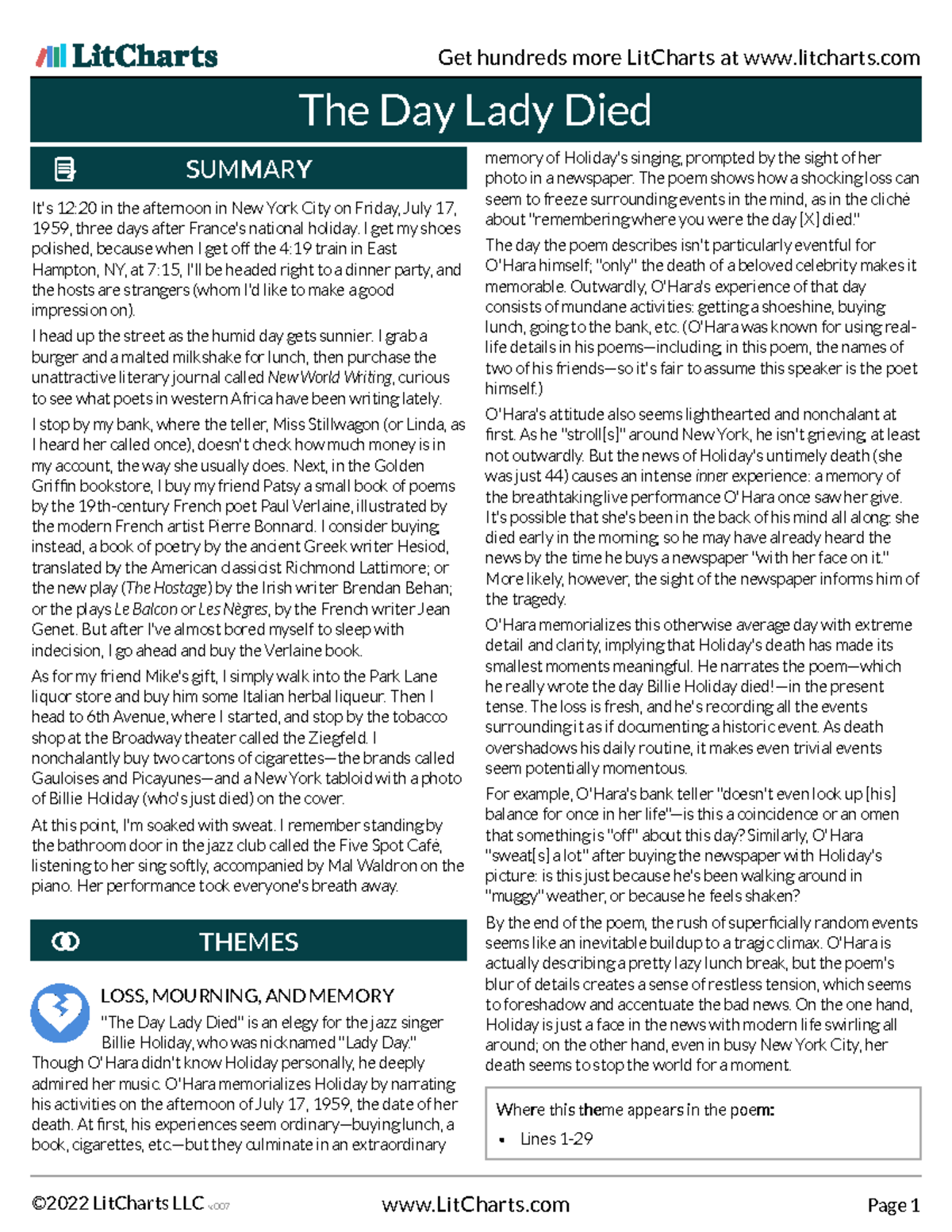 Lit Charts the day lady died - The Day Lady Died It's 12:20 in the ...