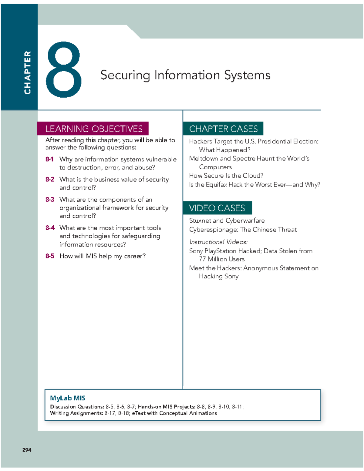 60 Securing IS 02 - dddd - 294 Discussion Questions: 8-5, 8-6, 8-7; Hands-on MIS Projects: 8-8 ...