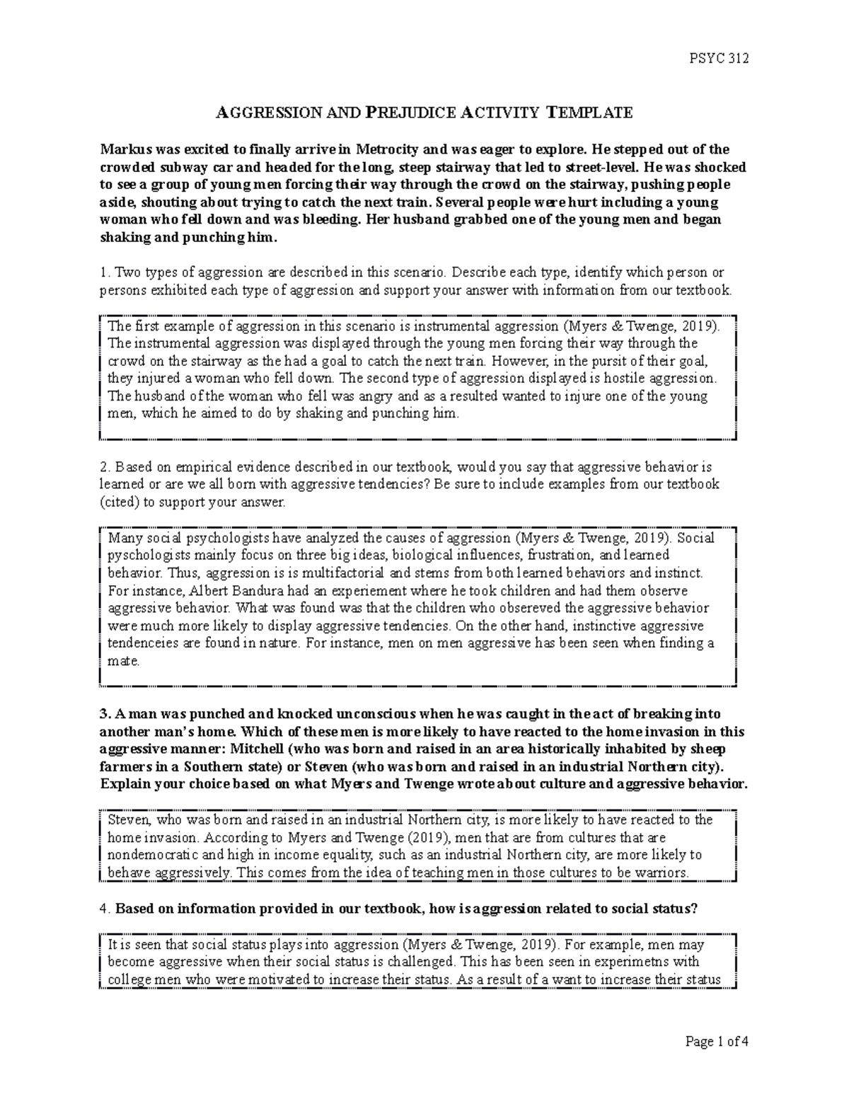 Aggression and Prejudice Activity - Tyler Daly - AGGRESSION AND ...