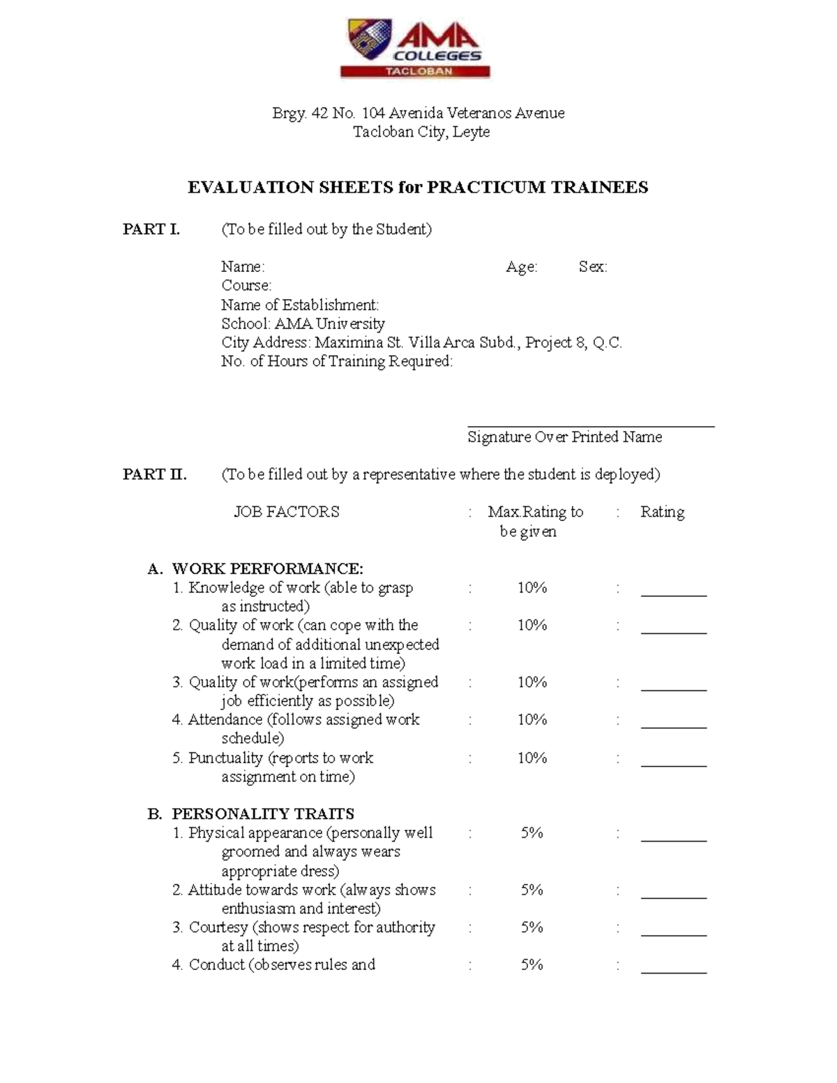 Evaluation - Copy - Brgy. 42 No. 104 Avenida Veteranos Avenue Tacloban ...