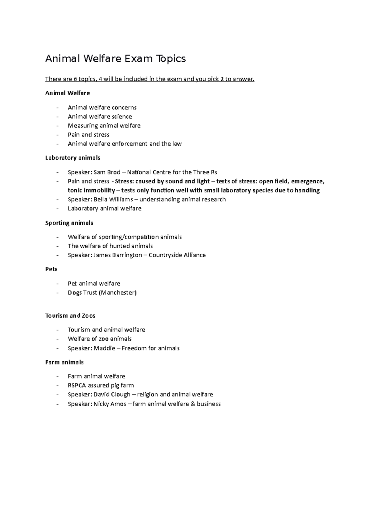 Exam Topics - revision - Animal Welfare Exam Topics There are 6 topics ...