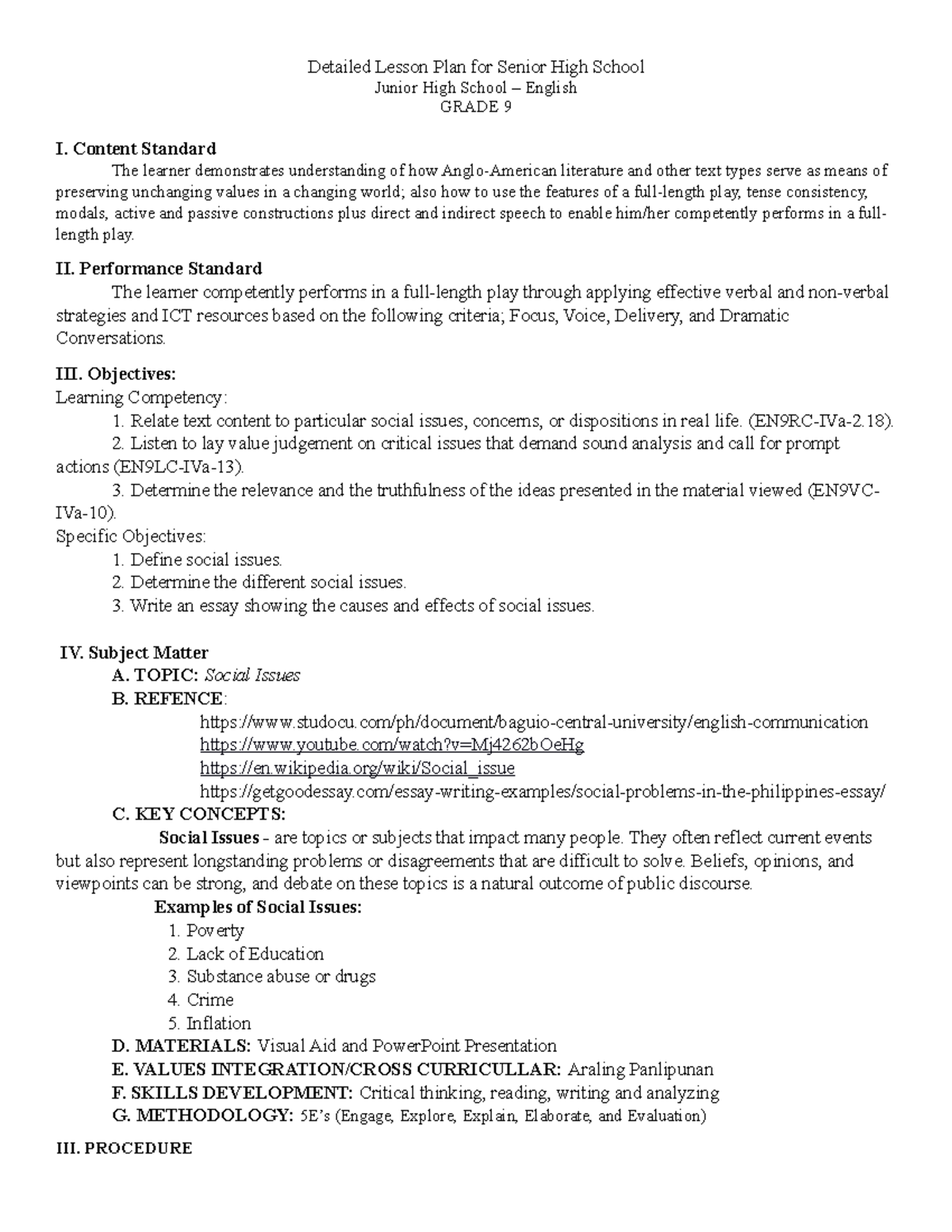 JHS DEMO Social Issues 5Es Detailed Lesson Plan For Senior High