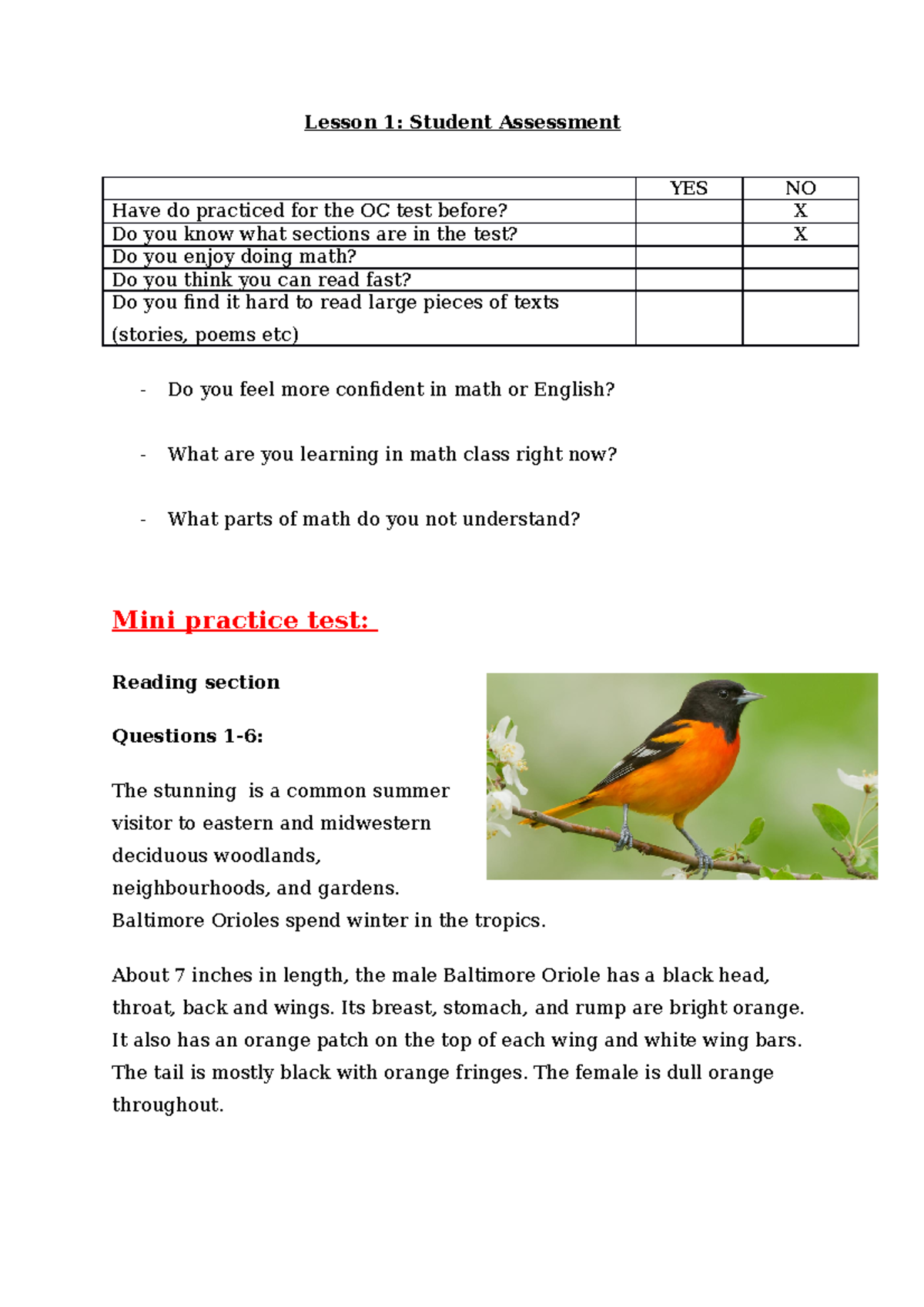 Lesson 1-OC prep - OC prep documents for tutoring - Lesson 1: Student ...