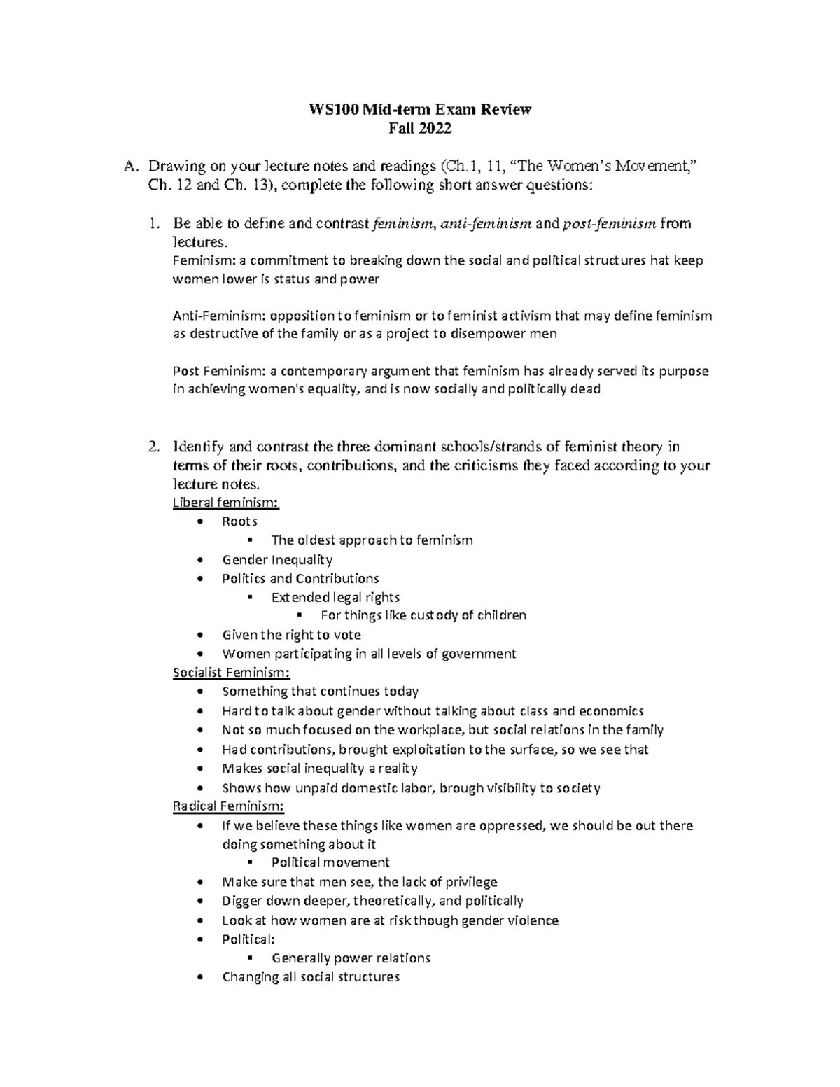 WS100 Midterm Review Sheet, Fall 2022 - WS100 Mid-term Exam Review Fall ...