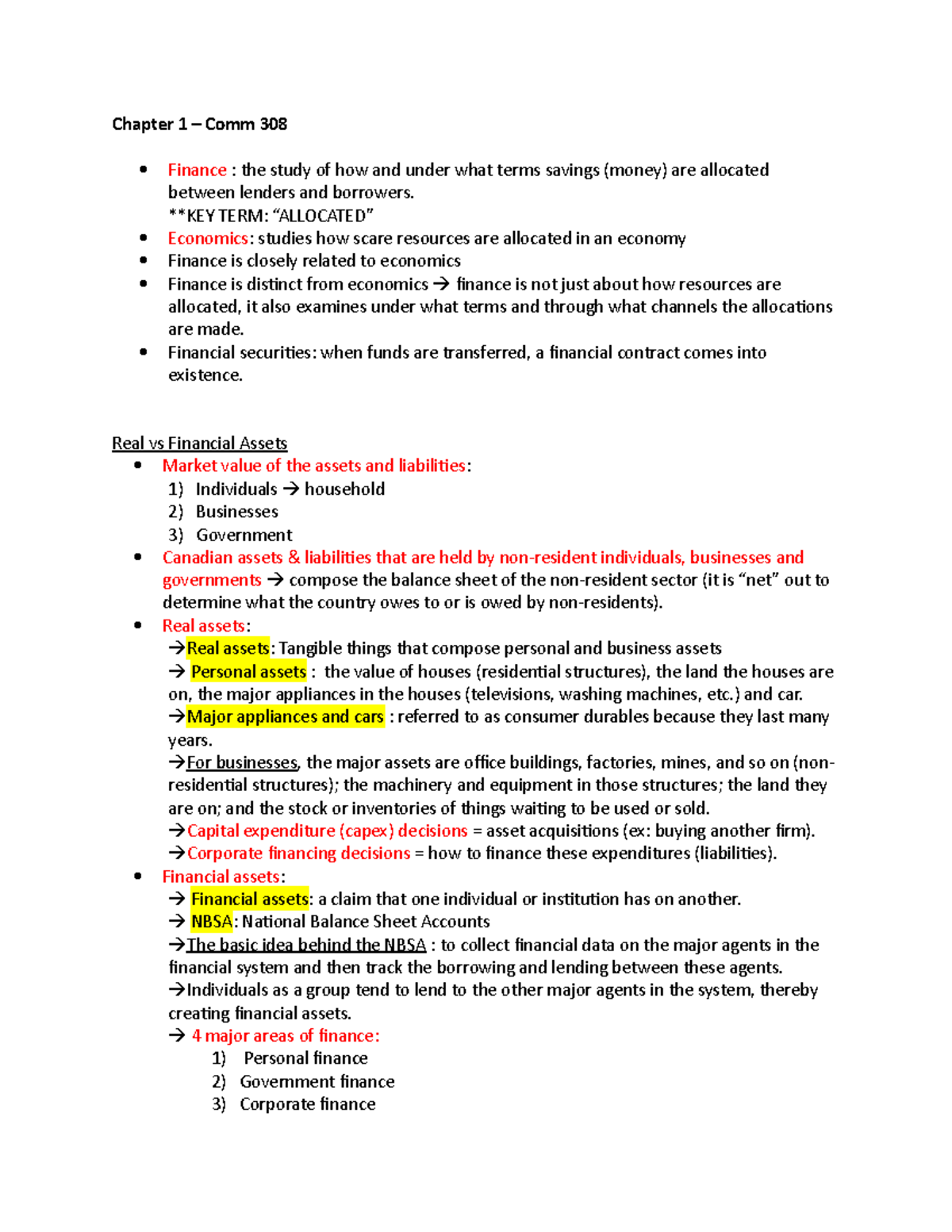 Chapter 1 - Chapter 1 – Comm 308 Finance : the study of how and under ...
