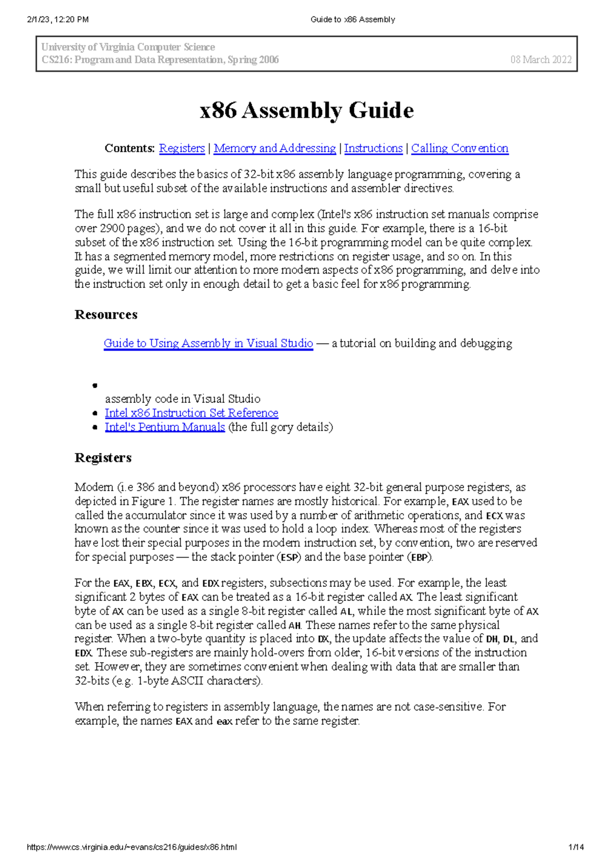 Guide to x86 Assembly - practise material - University of Virginia ...