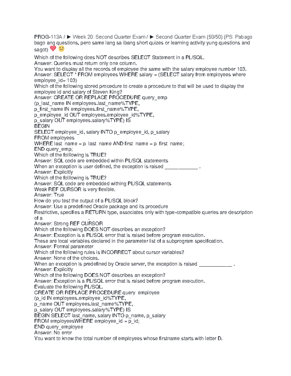 Pdfcoffee - Wala lng - PROG-113A / Week 20: Second Quarter Exam / Second Quarter Exam (50/50 ...