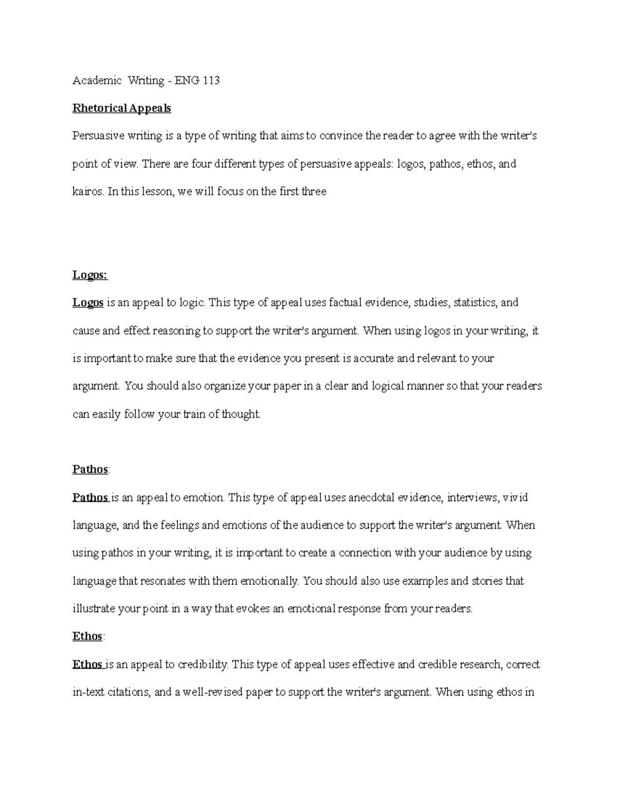 Academic Writing- ENG 113- Rhetorical Appeals - Academic Writing - ENG ...
