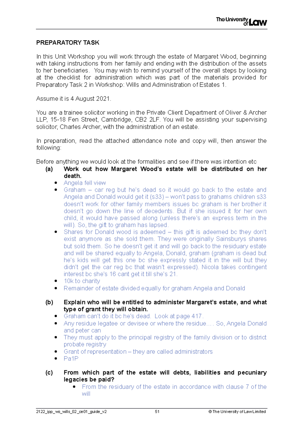 Wills and admin 2 prep and workshop - PREPARATORY TASK In this Unit ...