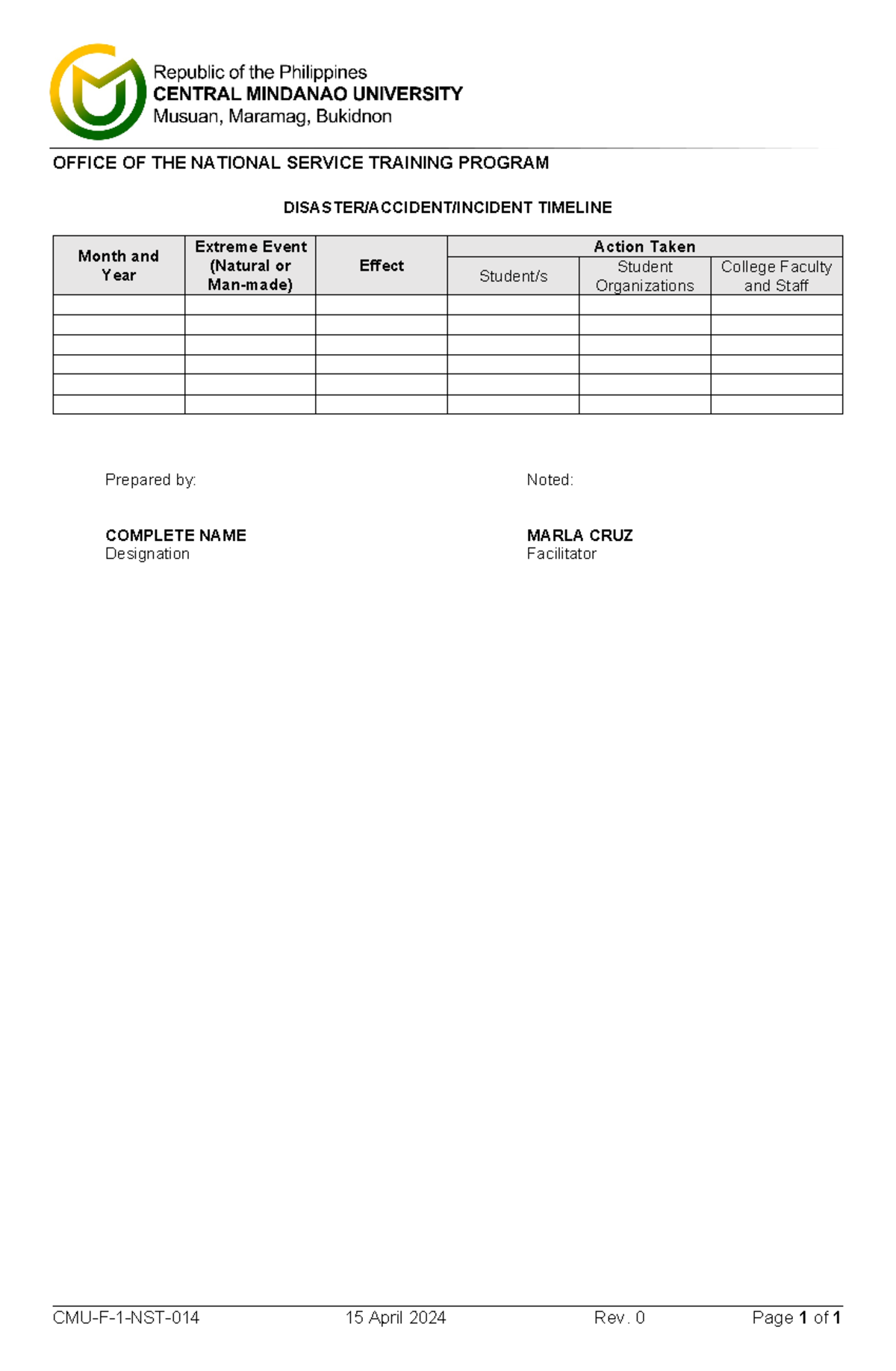 CMU F 1 NST 014 Disaster Timeline - National Service Training Program 2 - OFFICE OF THE NATIONAL ...