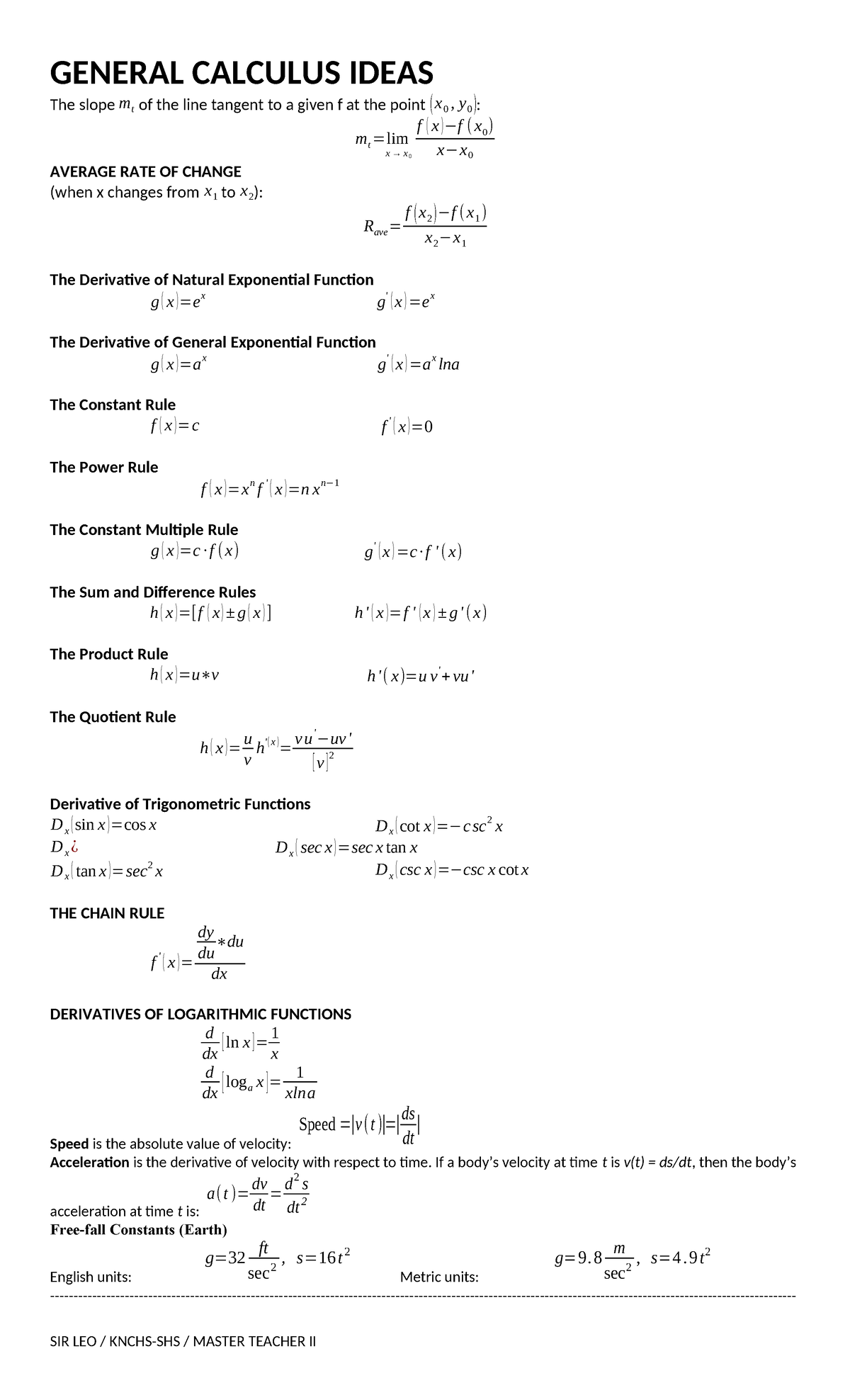 Basic-CAL- Formula - GENERAL CALCULUS IDEAS The slope m t of the line ...