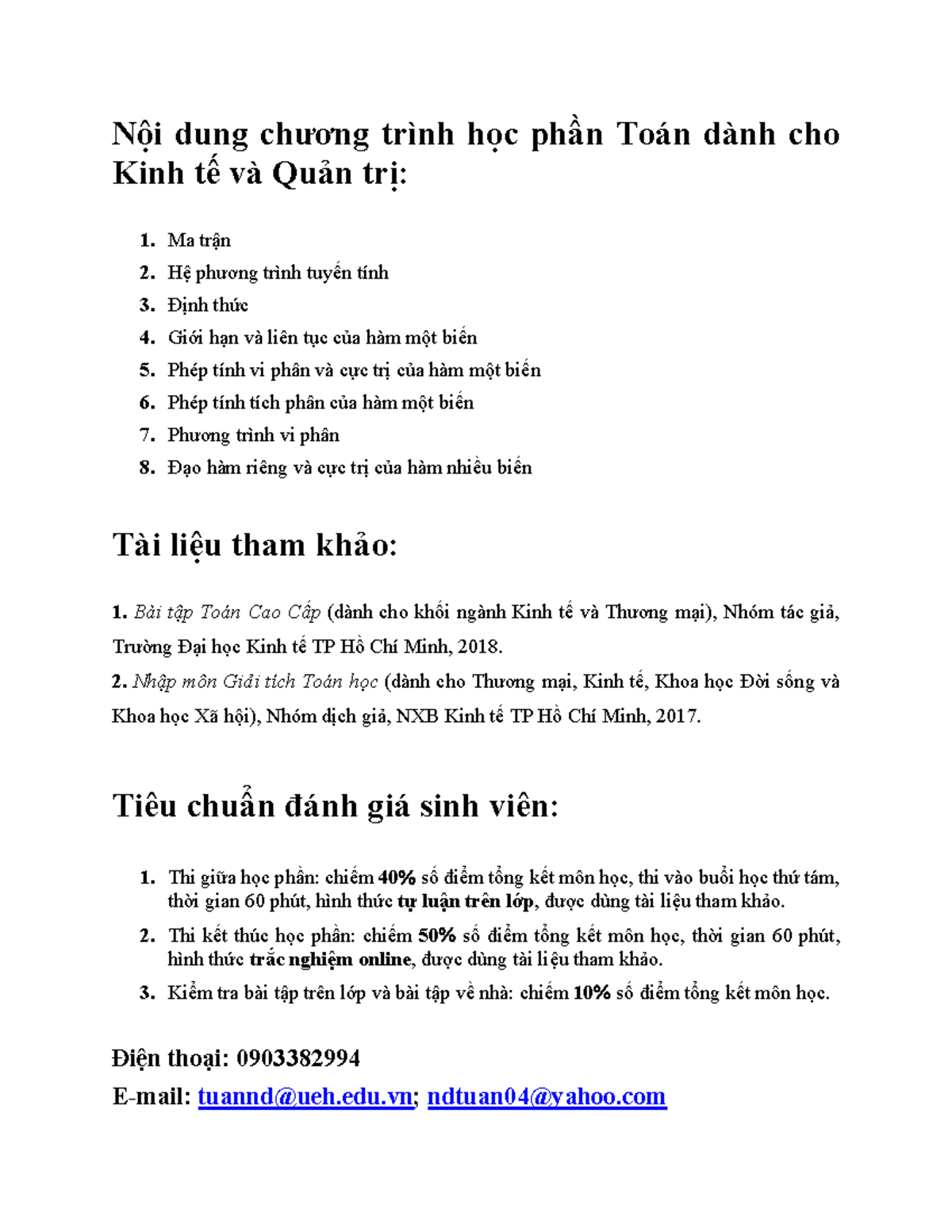 Httpslms.ueh.edu.vnpluginfile - Nßi dung ch±¡ng trình hßc ph¿n Toán dành cho Kinh t¿ và Qu¿n trß ...