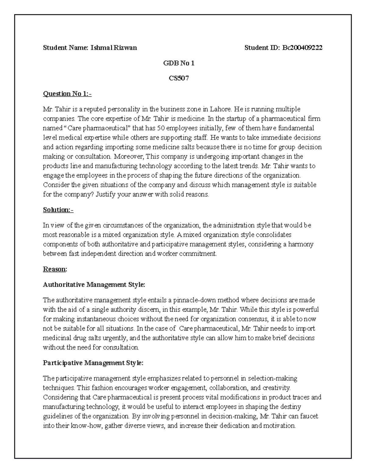 Cs507 gdb 1 ishi 2023 - Student Name: Ishmal Rizwan Student ID: Bc GDB No 1 CS Question No 1 ...