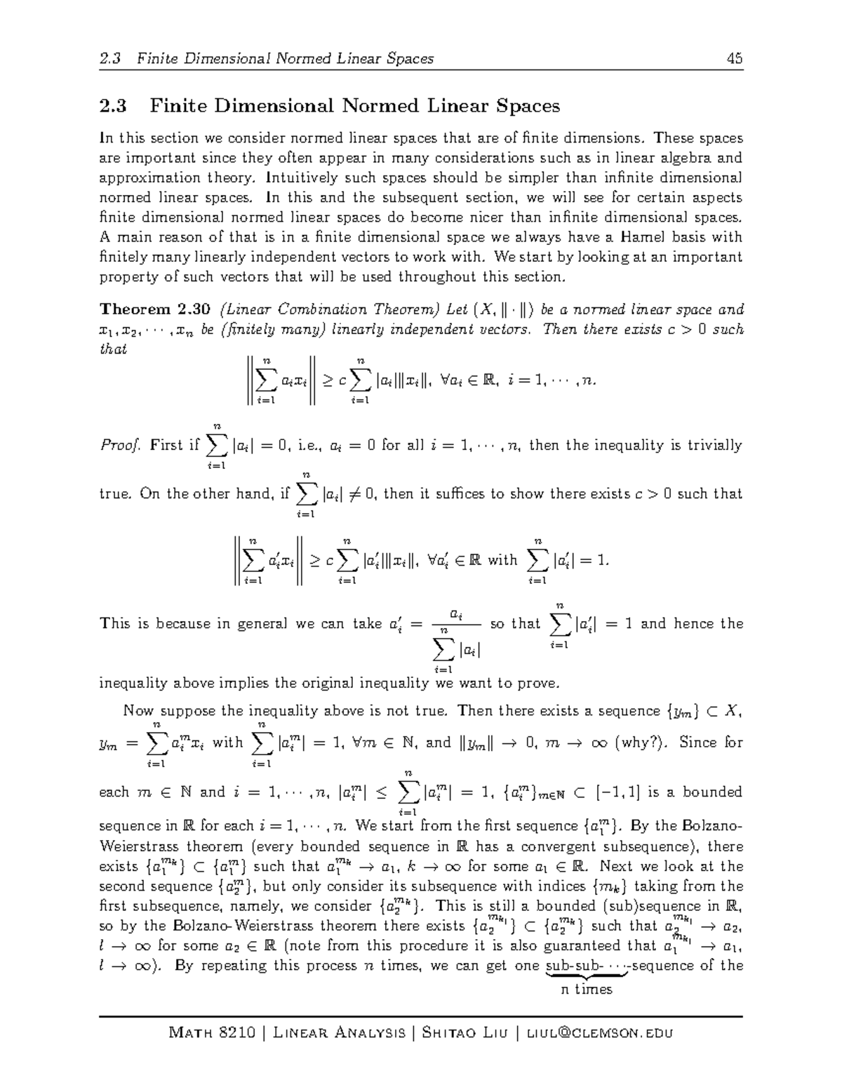 Section 2 - math8210 lecture notes - 2 Finite Dimensional Normed Linear ...