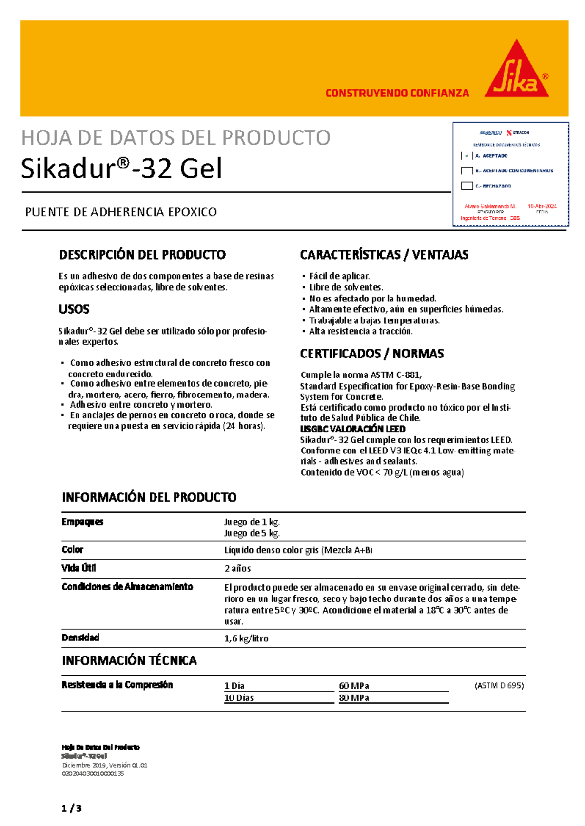 Ficha técnica - Sikadur 32 Gel - Hoja De Datos Del Producto Sikadur®-32 Gel Diciembre 2019 ...