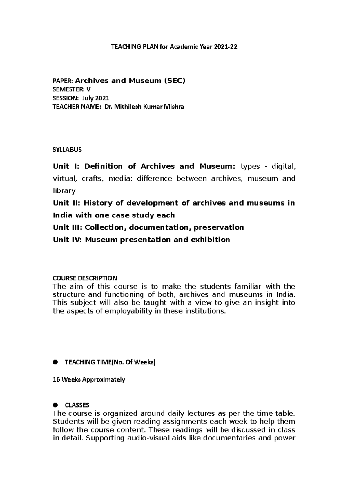 Archives and Museums - History notes - TEACHING PLAN for Academic Year ...