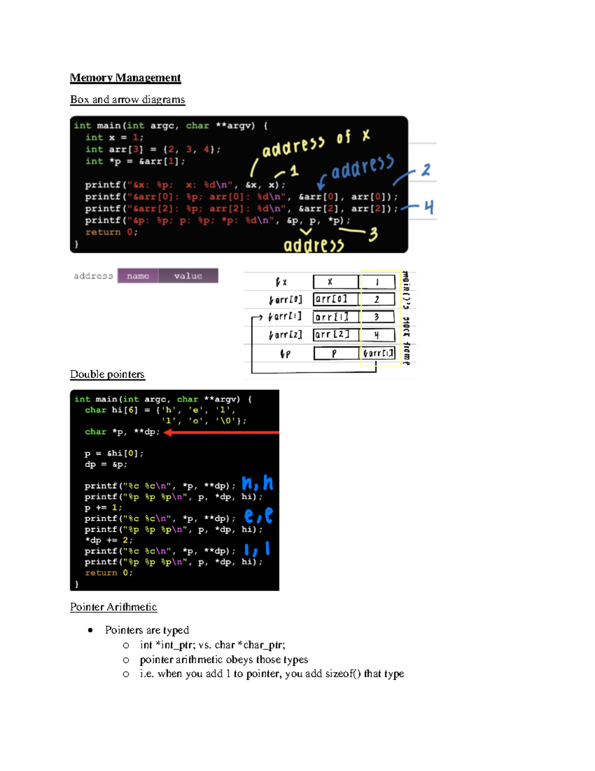 CMPSC 311 Exam2 - abutalib aghayev - Memory Management Box and arrow diagrams Double pointers ...