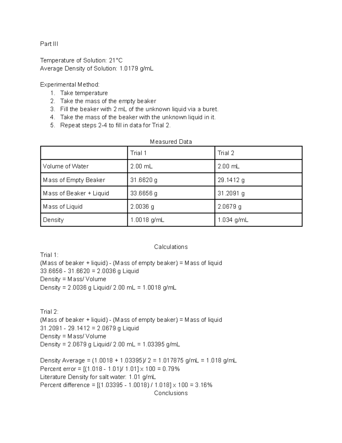 Experiment 2 Part III Report - Google Docs - Part III Temperature of Solution: 21°C Average ...