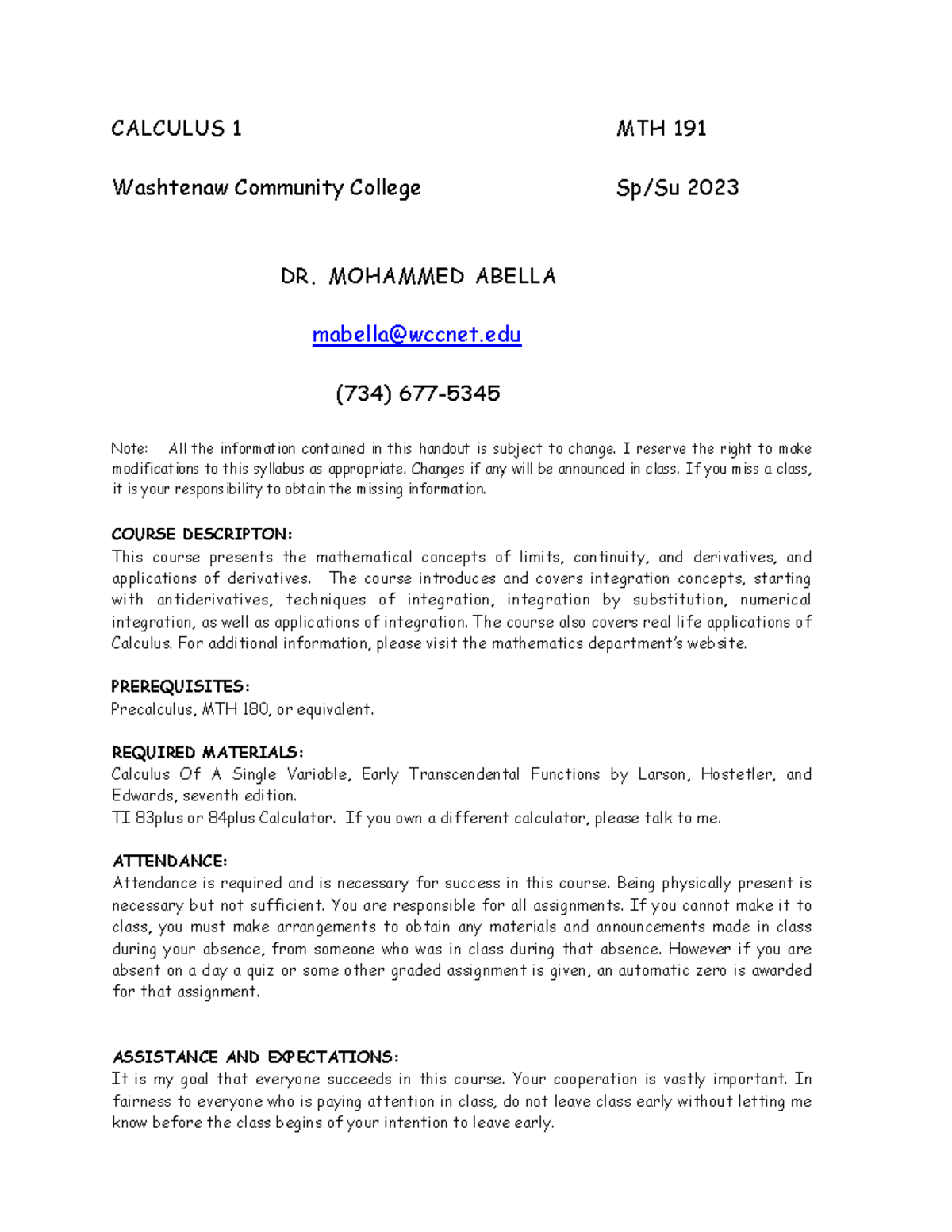 Syllabus - CALCULUS 1 MTH 191 Washtenaw Community College Sp/Su 2023 DR ...