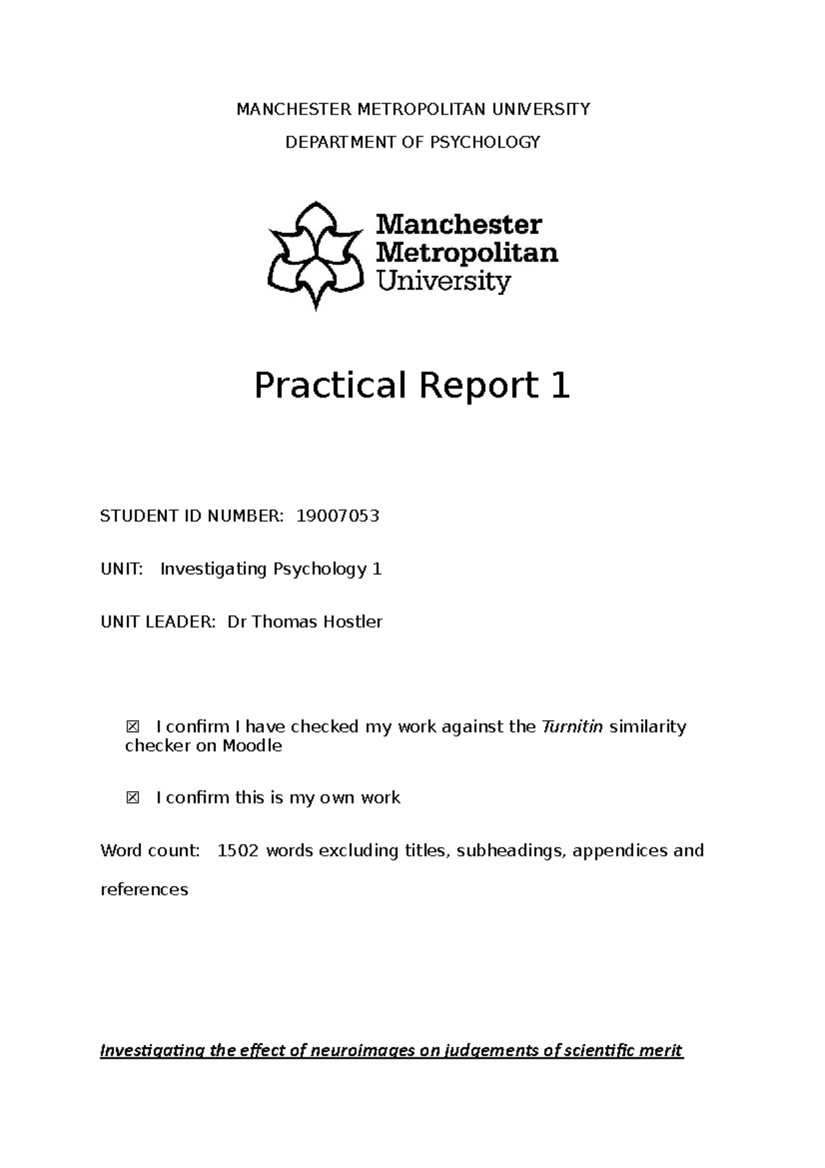 Practical report 1 with cover sheet - MANCHESTER METROPOLITAN ...