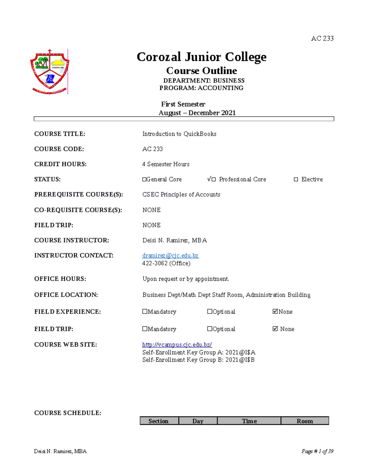 AC 233 course outline 2021 final - Corozal Junior College Course ...