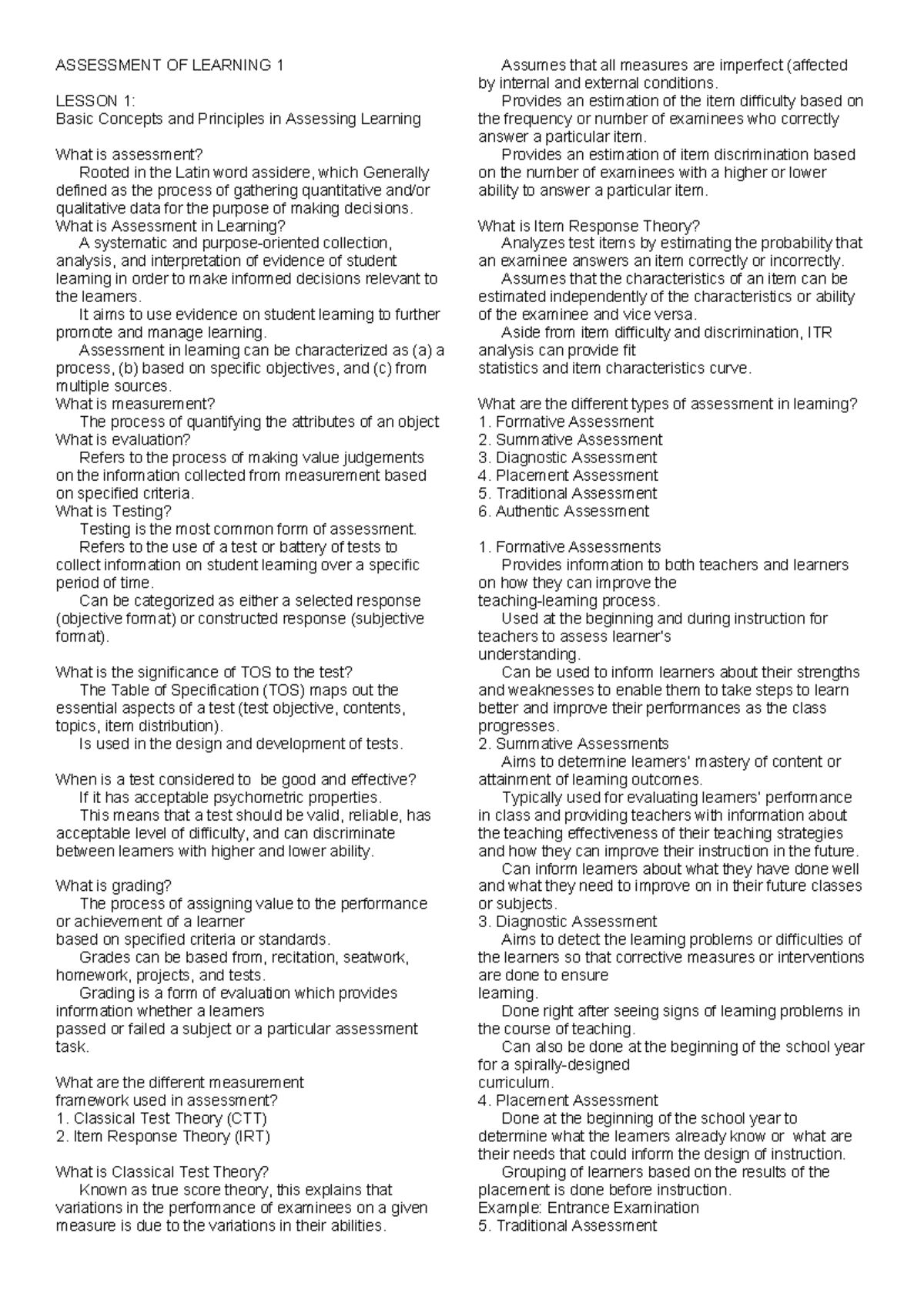ASLR Lecture - ASSESSMENT OF LEARNING 1 LESSON 1: Basic Concepts and ...