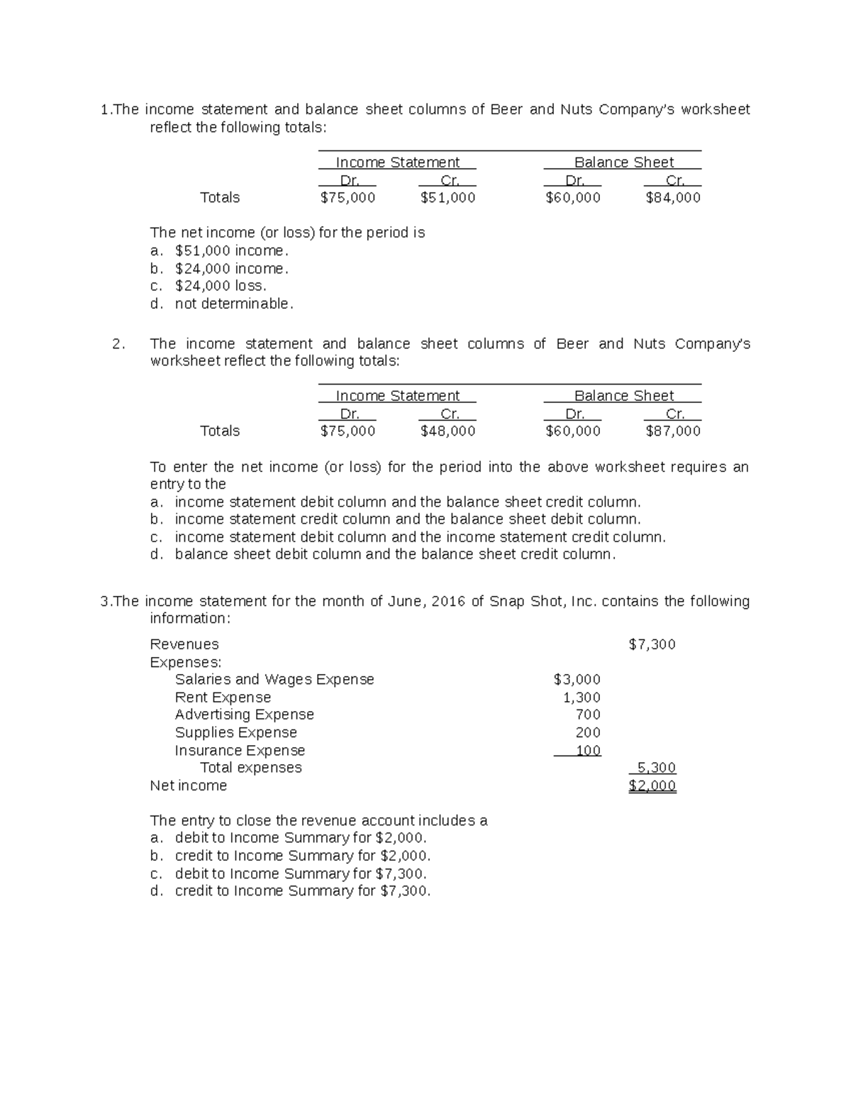 POA Mid-Term-Exam Practice-Exam - 1 income statement and balance sheet ...