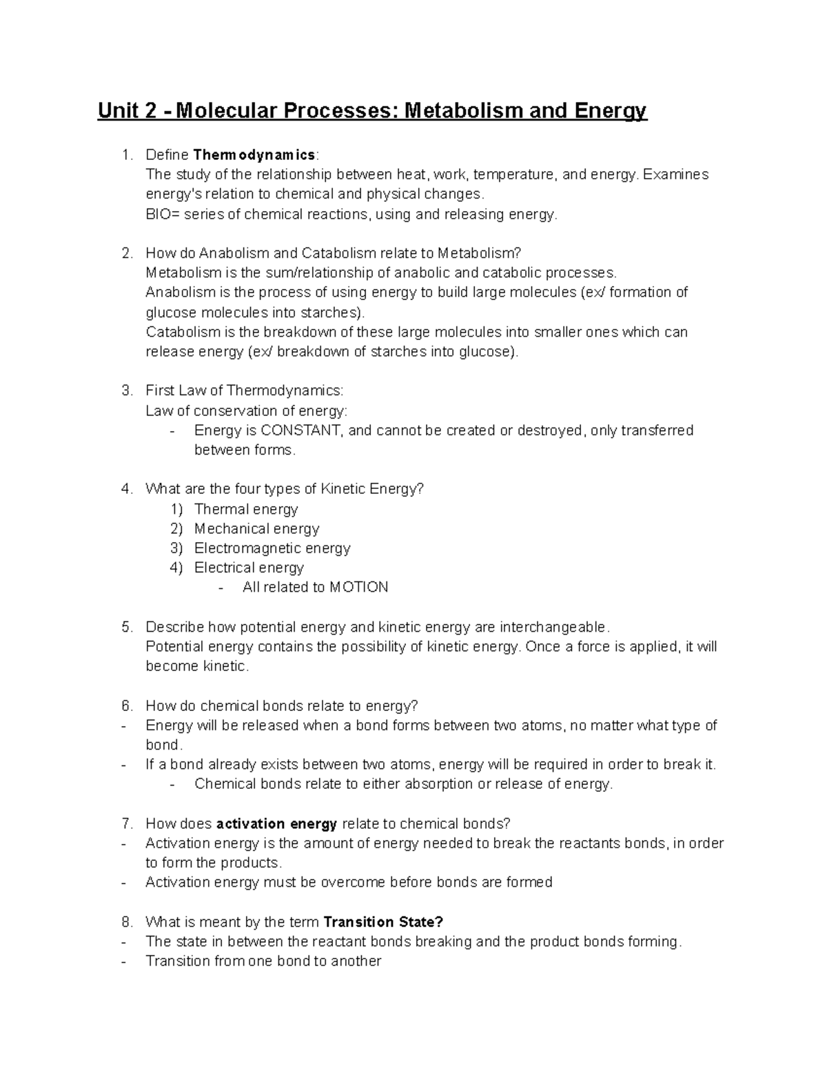 Molecular Processes Metabolism and Energy - Unit 2 - Molecular ...