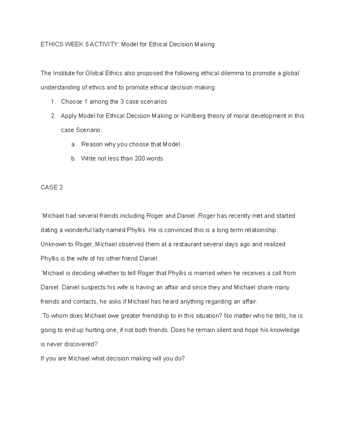 Ethics WEEK 5 Activity - Essay - ETHICS WEEK 5 ACTIVITY: Model for ...