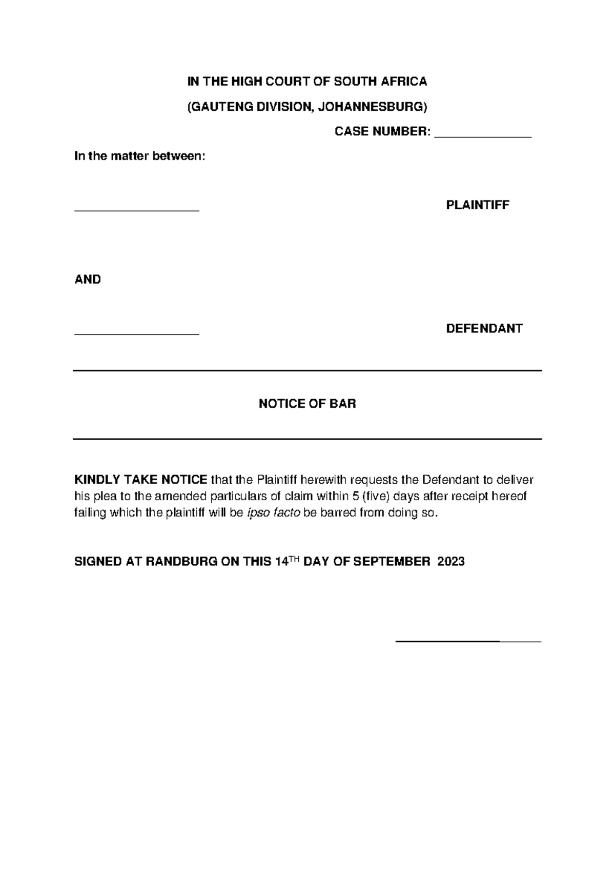 Notice of bar Temp - IN THE HIGH COURT OF SOUTH AFRICA (GAUTENG ...