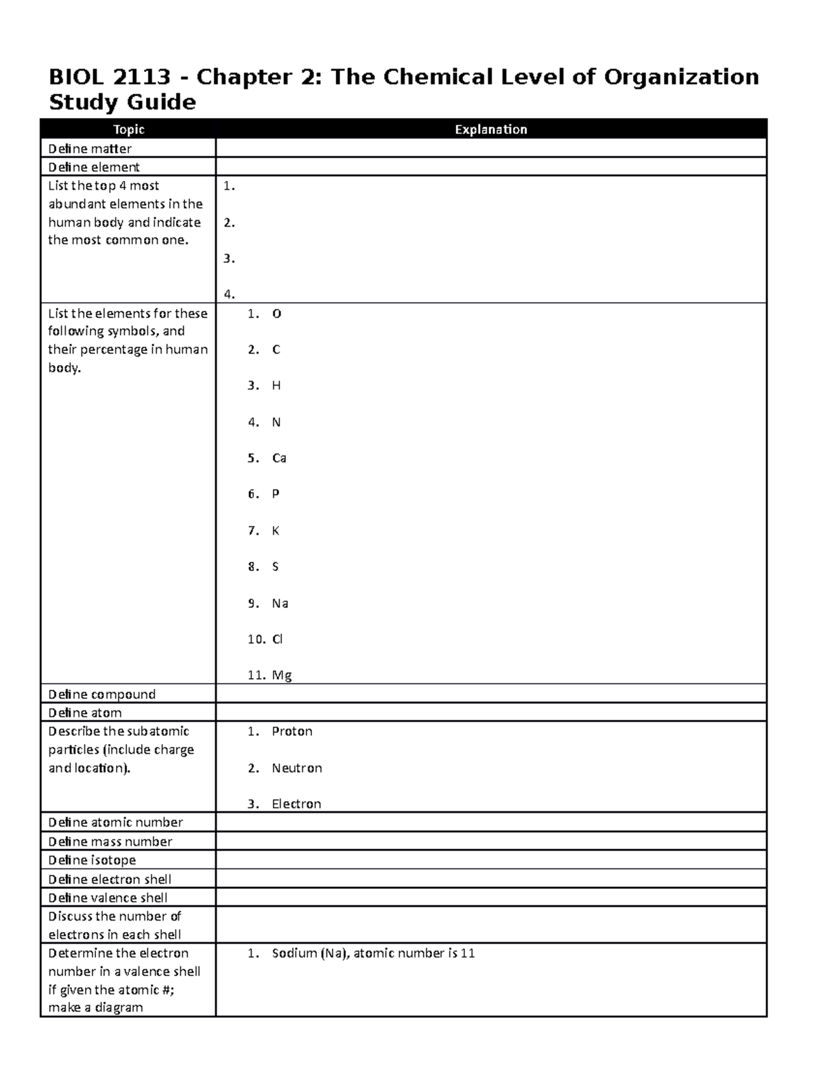BIOL 2113 Ch2 Study Guide - BIOL 2113 - Chapter 2: The Chemical Level ...