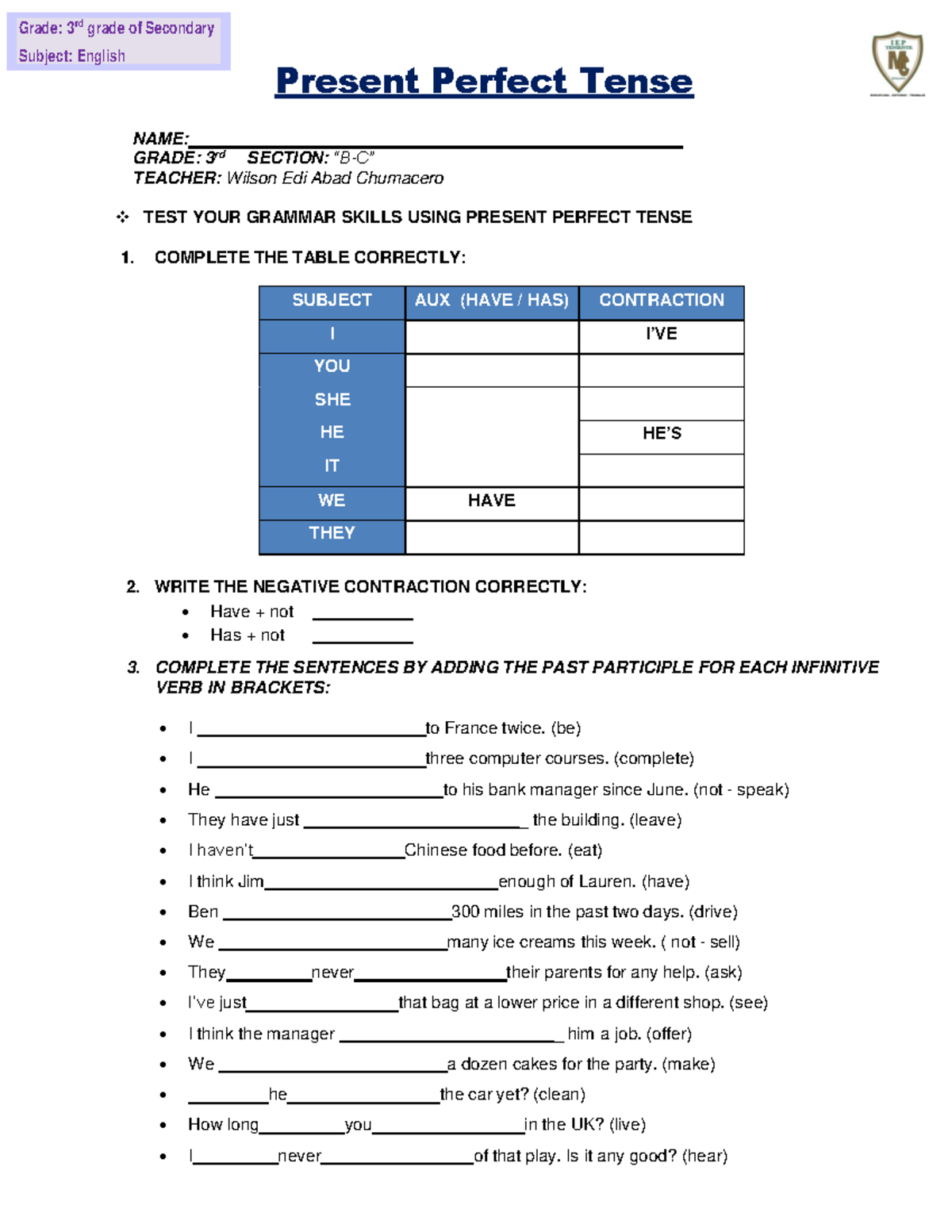 LET'S Practice - Present Perfect 3RD Grade - Grade: 3rd grade of ...