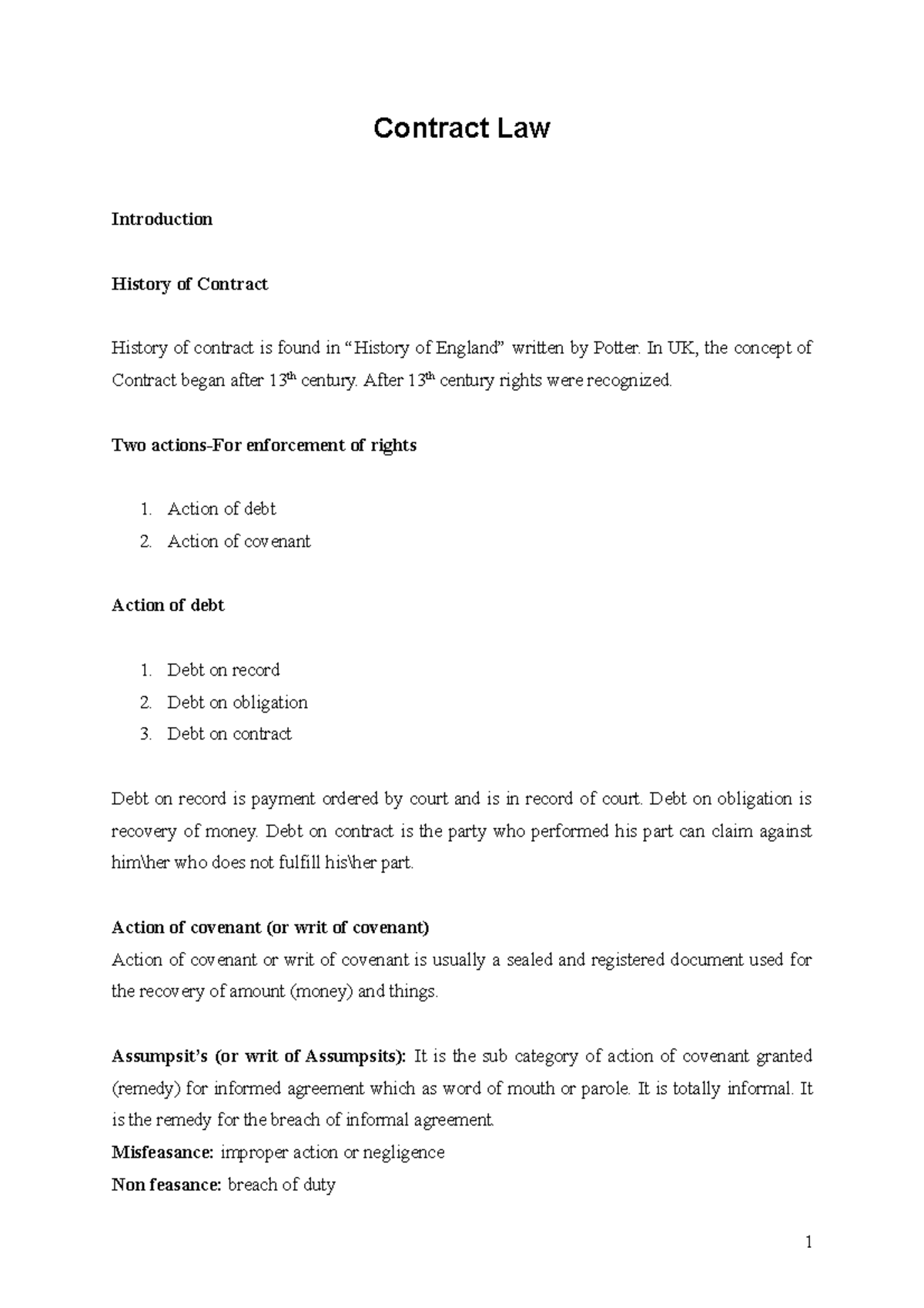 Summary of the law of contract - Contract Law Introduction History of ...
